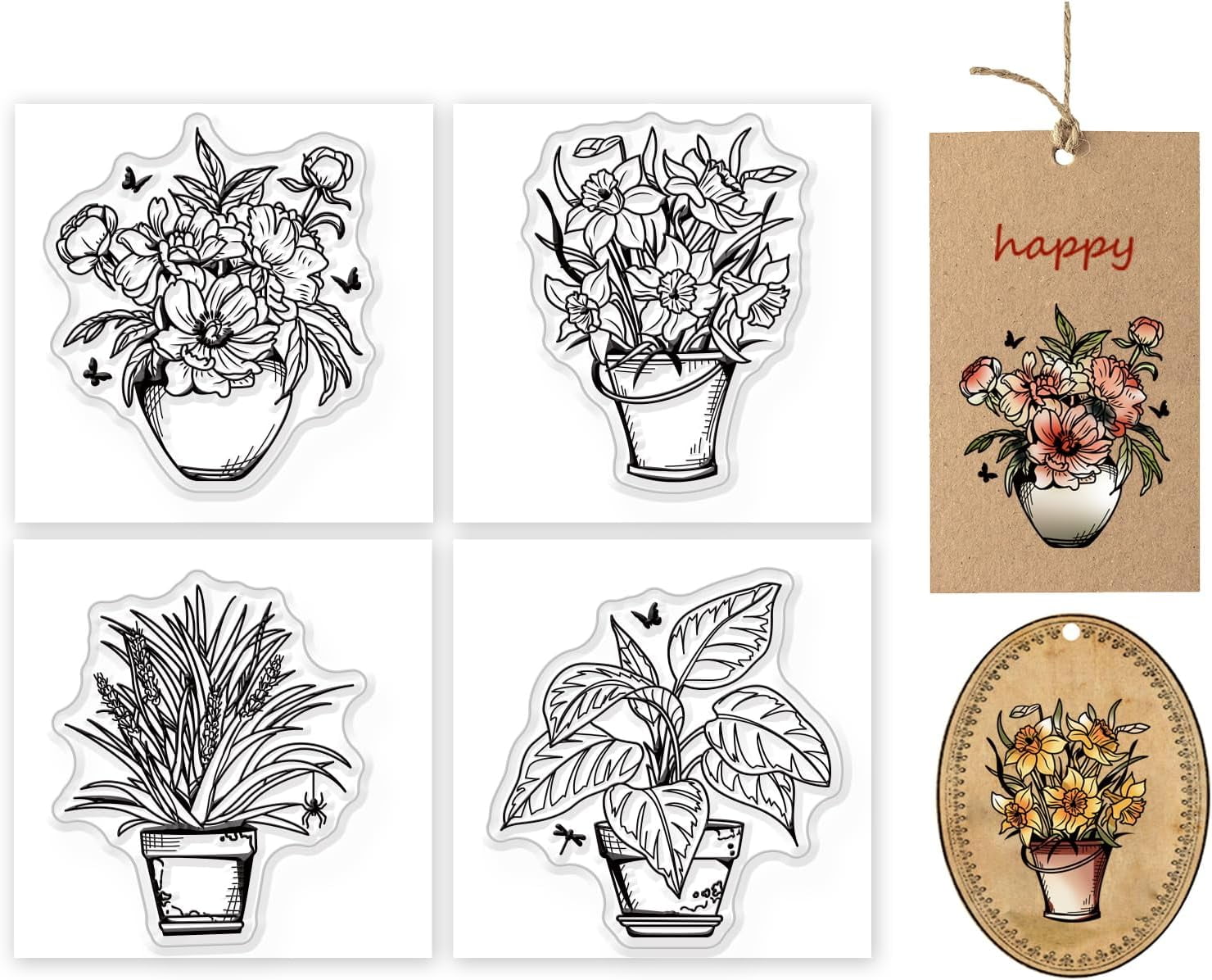 4Pcs Mini Potted Plants Clear Stamps for DIY Scrapbooking Mini Flowers ...