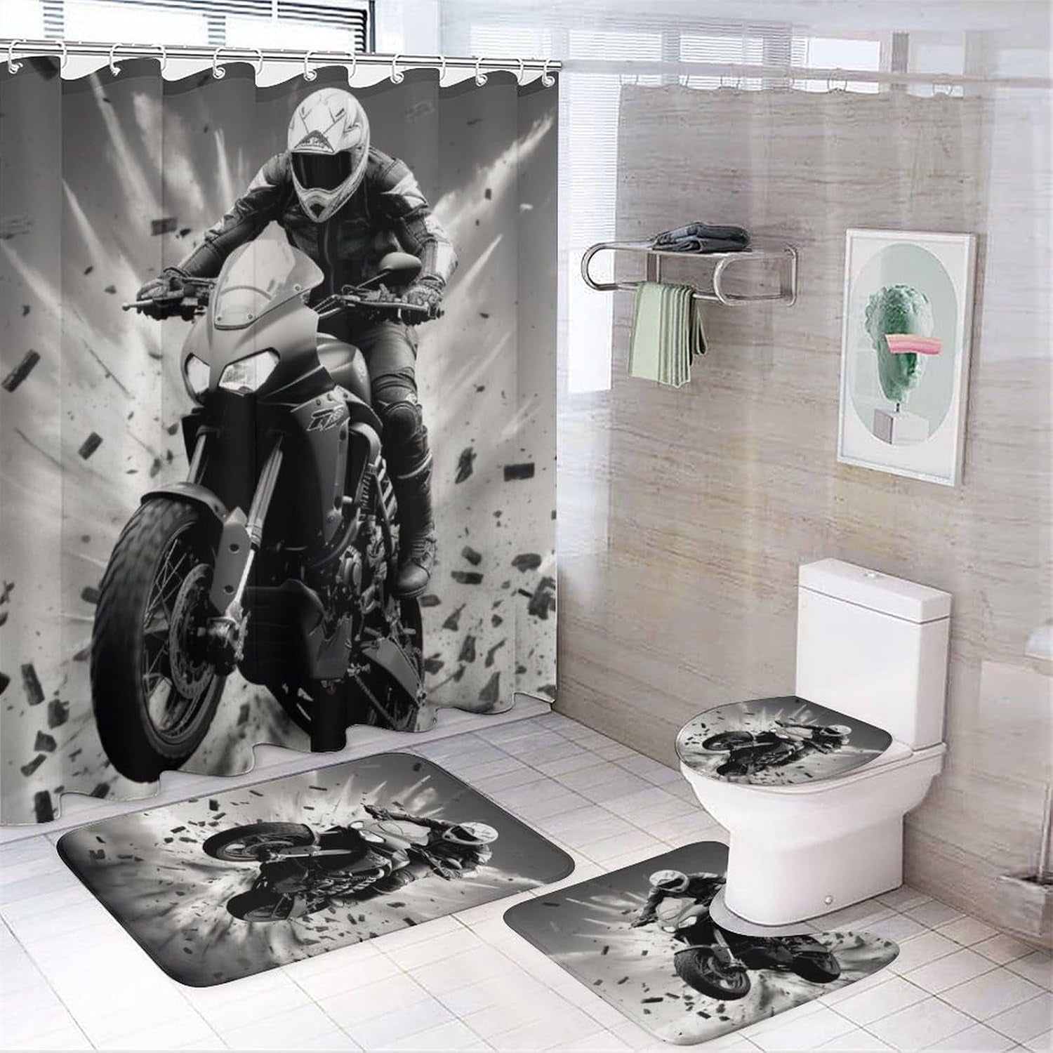 4Pcs Modern Motorcycle Racing Shower Curtain Sets with Non-Slip Rugs ...