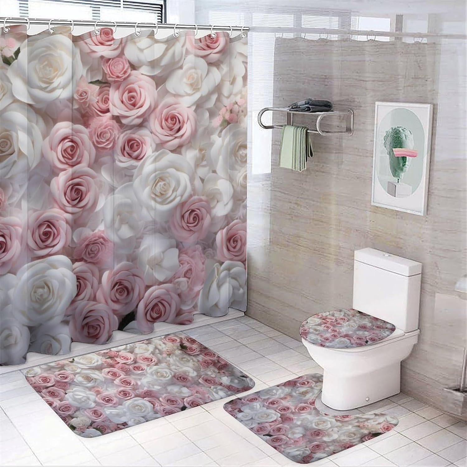 4Pcs Modern Pink Roses Shower Curtain Sets with Non-Slip Rugs, Toilet ...