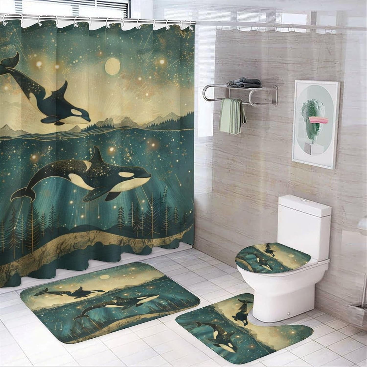 4Pcs Moon Orcas Shower Curtain Set with Toilet Lid Cover U-Shaped Mat ...