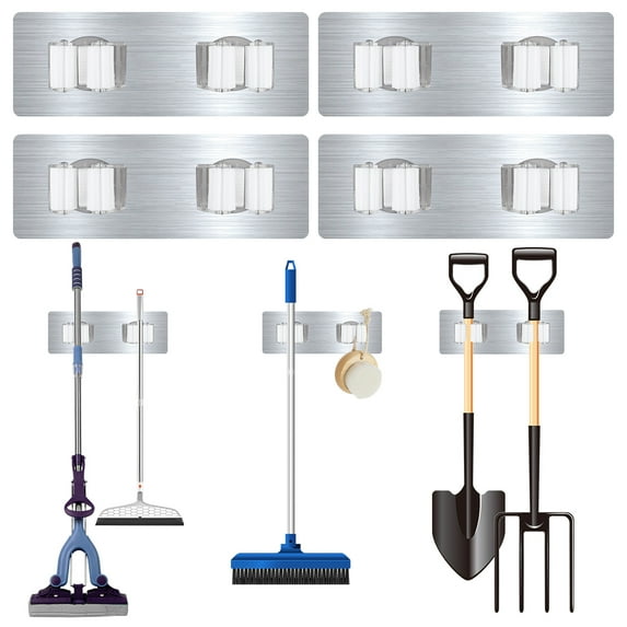 4Pcs Mop Broom Holder Wall Mounted Broom Hanger Self Adhesive Mop ...
