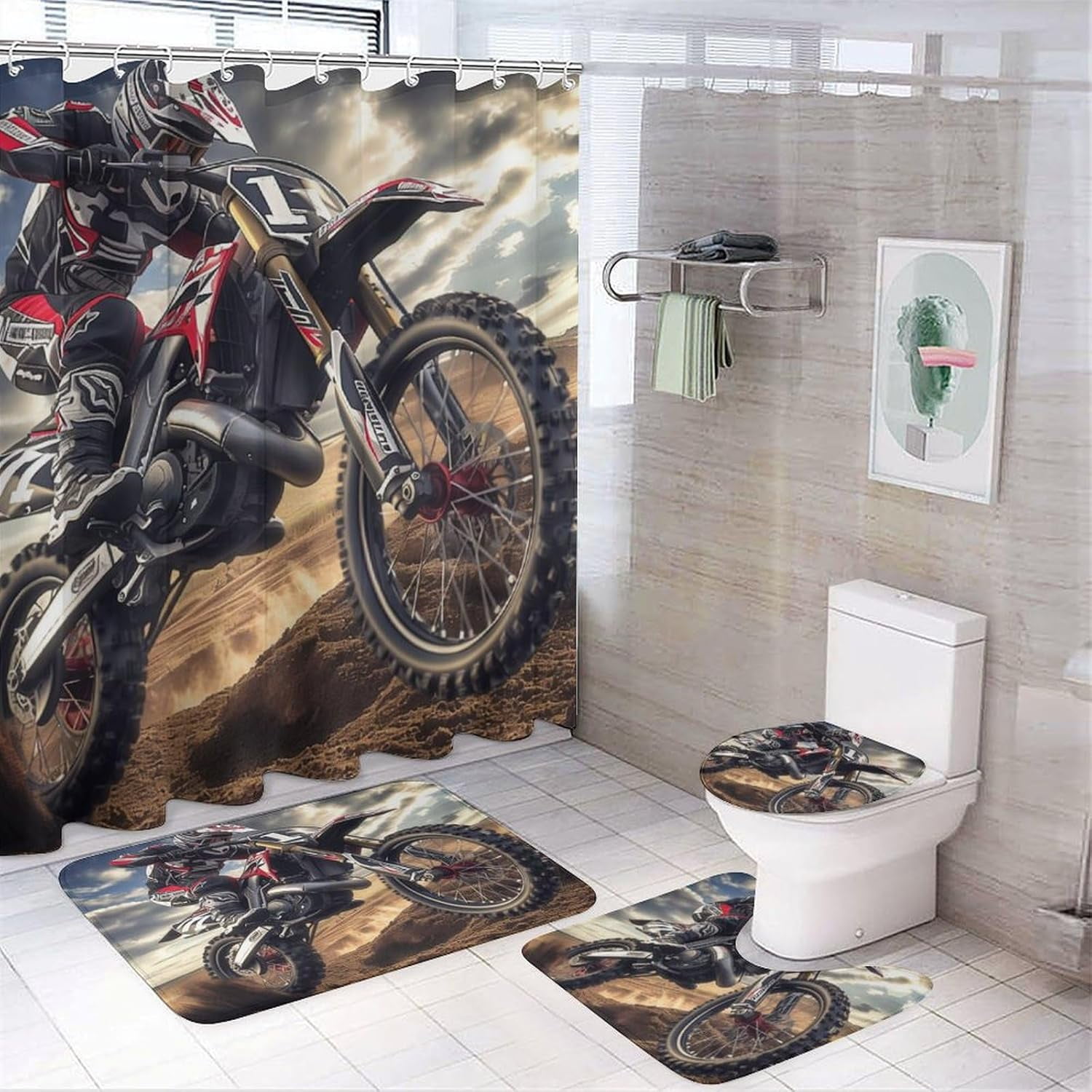 4Pcs Motorcycle Dirt Bike Shower Curtain Set with Toilet Lid Cover U-Shaped Mat and Non-Slip ...