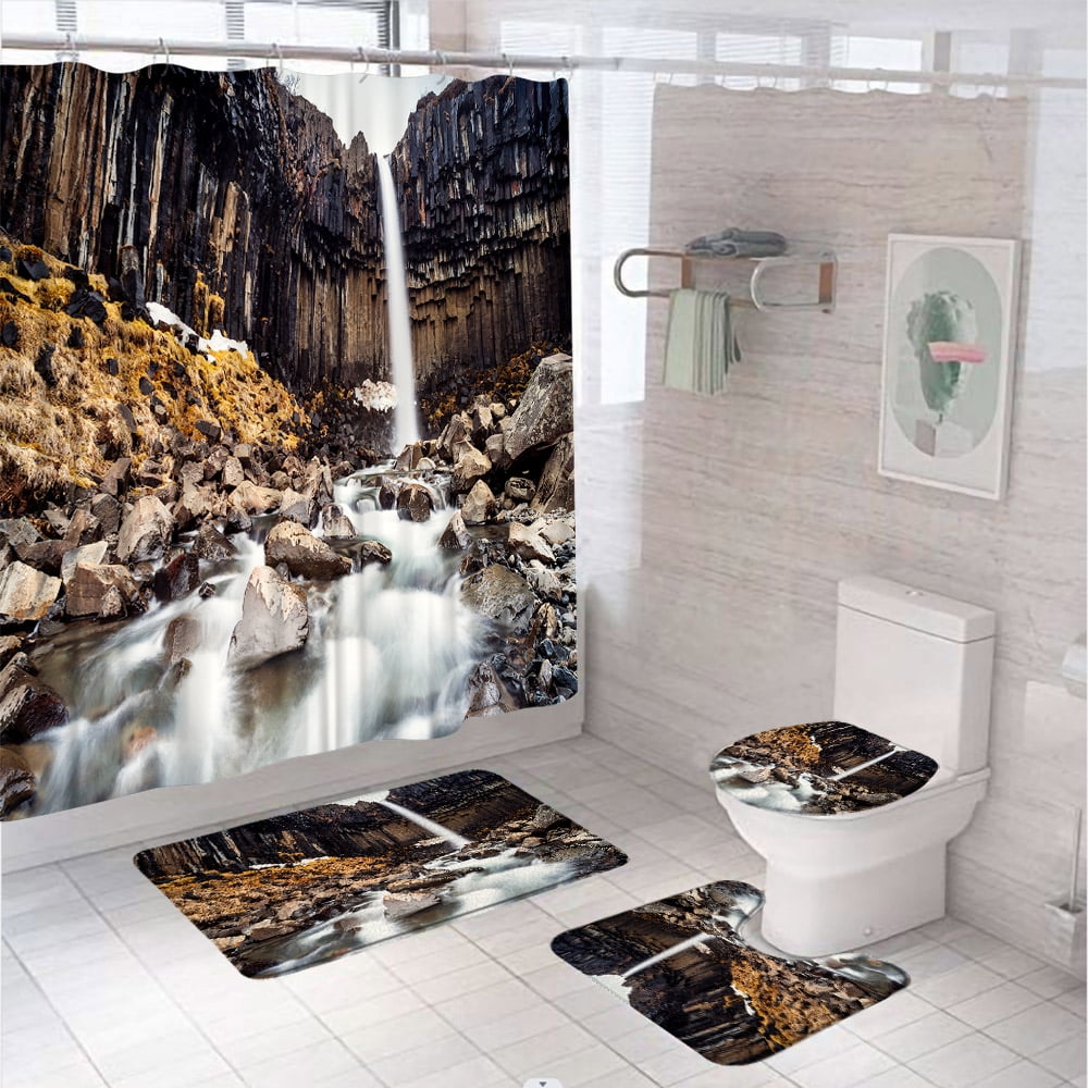 4Pcs Mountains Trees Waterfall Scenery Shower Curtain Set with Bath Mat ...