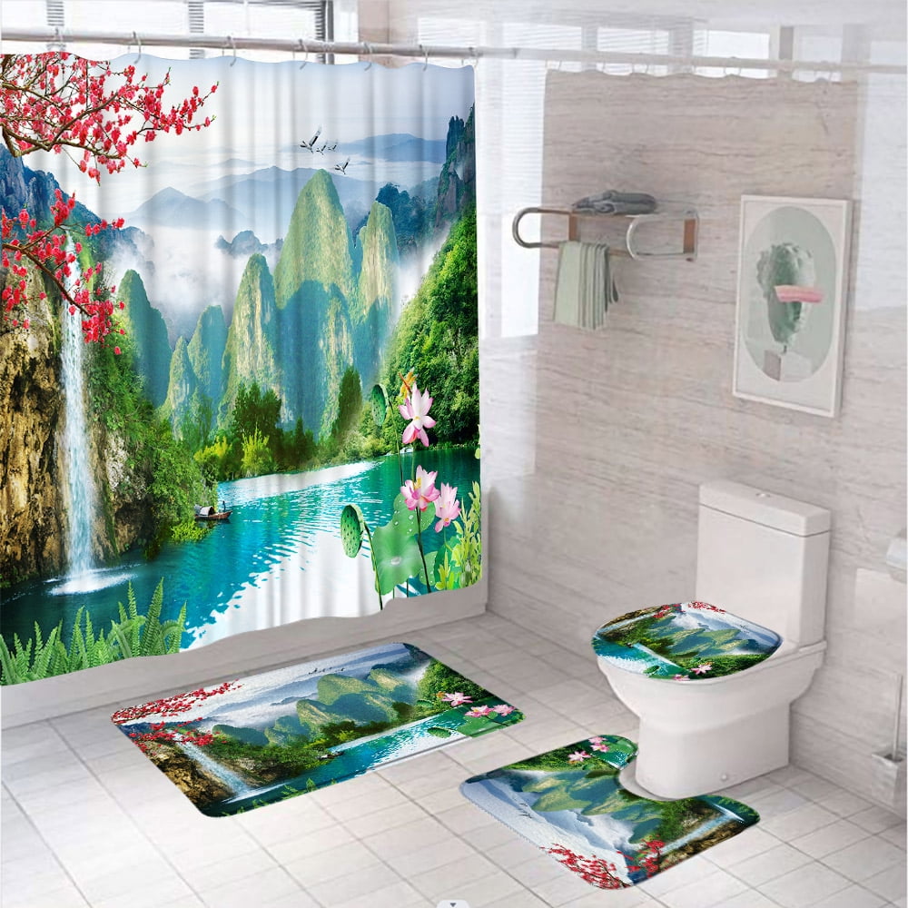 4Pcs Mountains Trees Waterfall Scenery Shower Curtain Set with Bath Mat ...