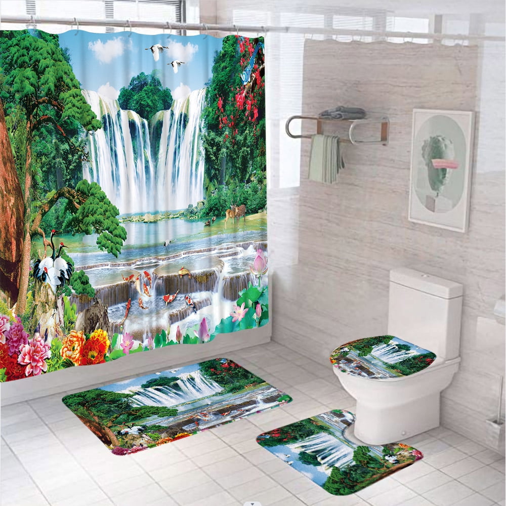4Pcs Mountains Trees Waterfall Scenery Shower Curtain Set with Bath Mat ...