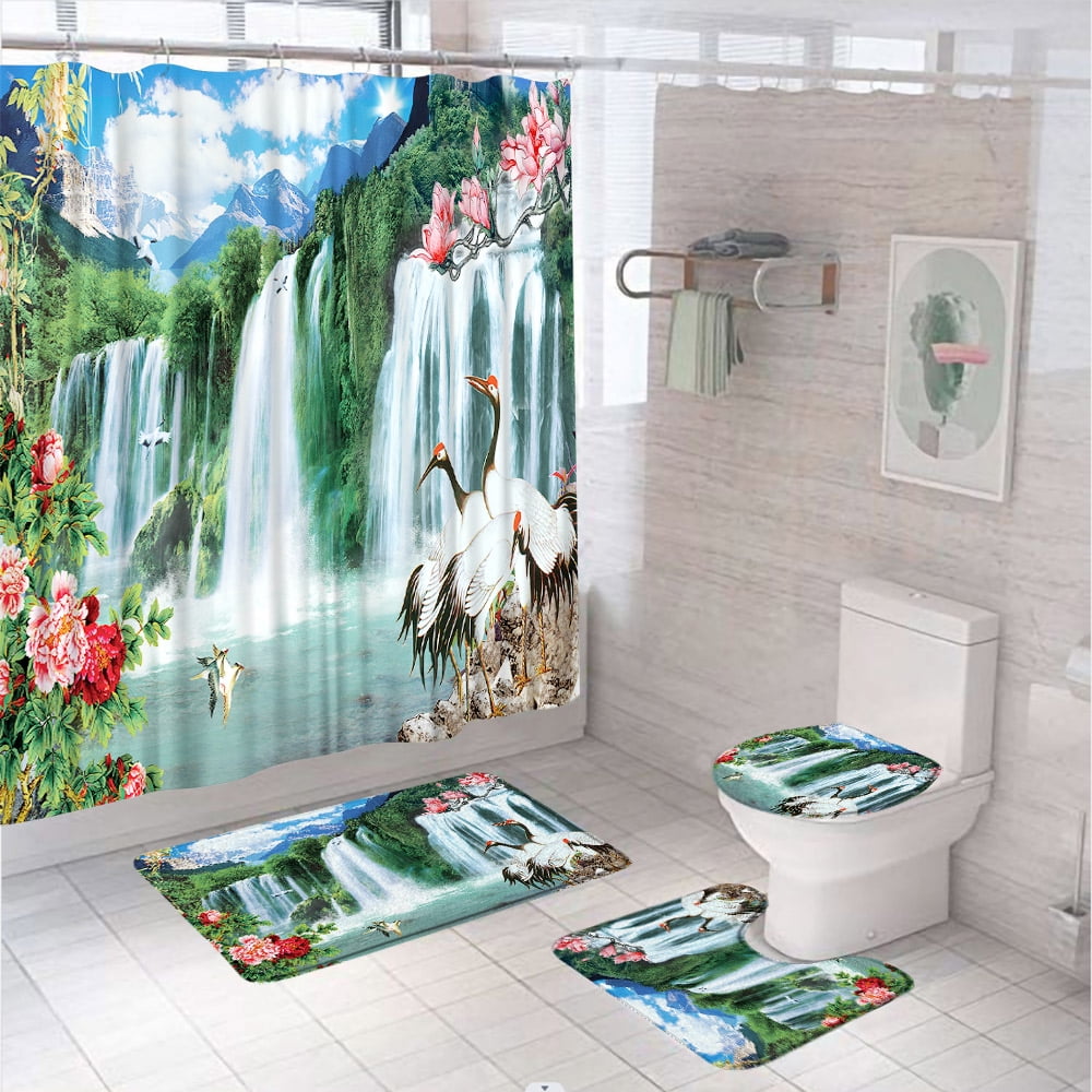 4Pcs Mountains Trees Waterfall Scenery Shower Curtain Set with Bath Mat ...