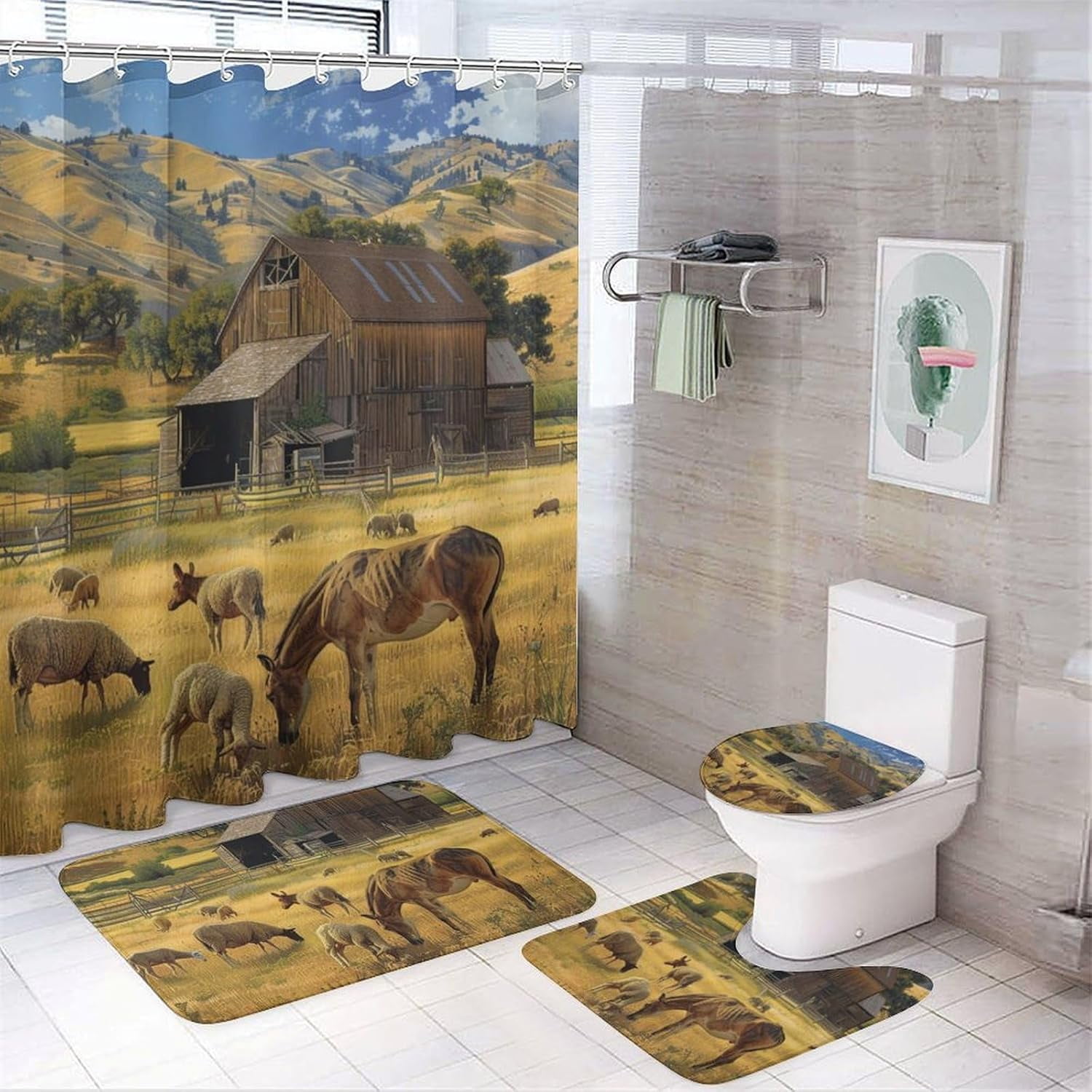 4Pcs Nature Field Rustic Shower Curtain Set, Cottage Horse Sheep Animal ...