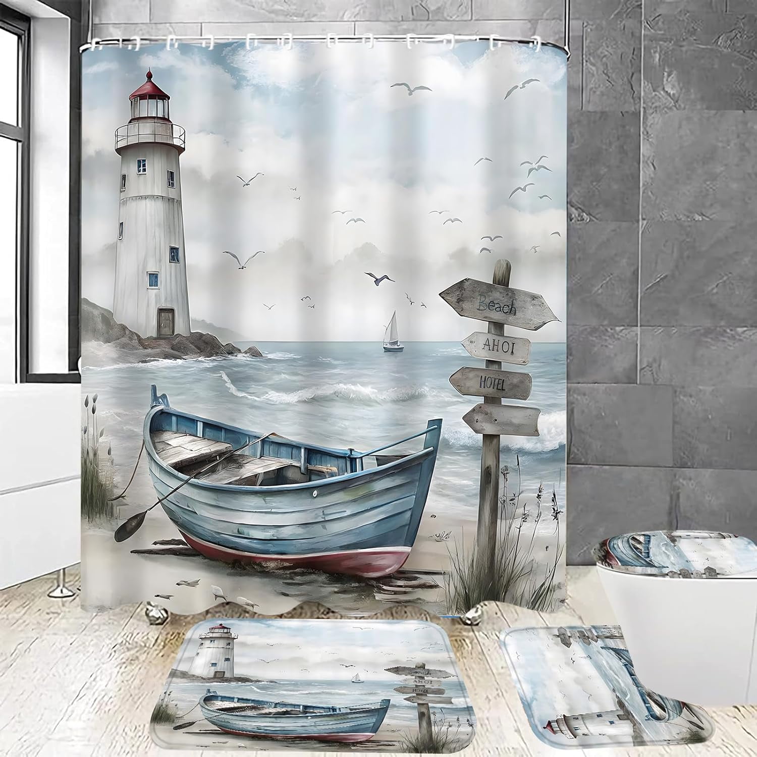 4Pcs Nautical Lighthouse Shower Curtain Sets Wooden Boat Bathroom Set ...