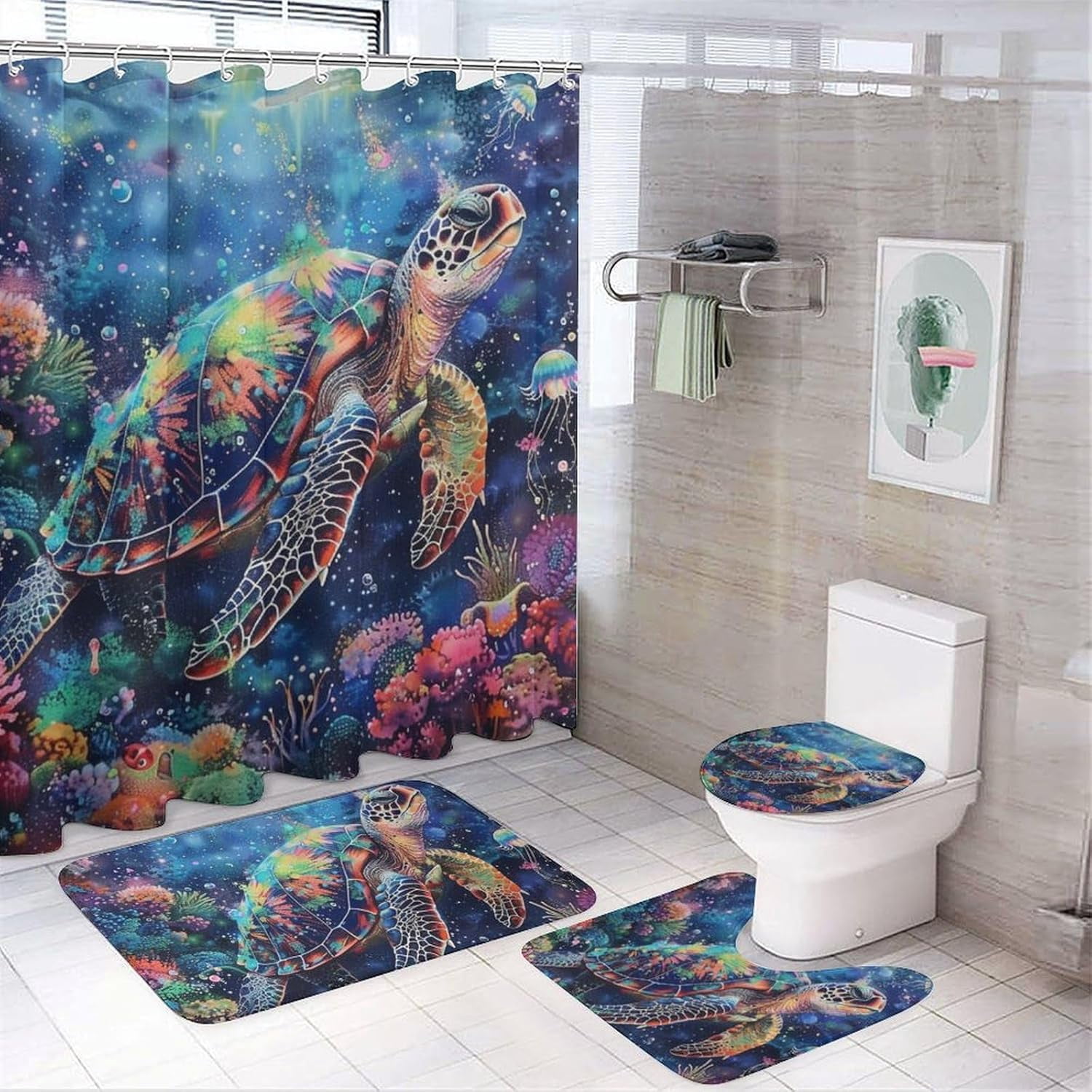 4Pcs Ocean Coral Reef Shower Curtain Sets with Rugs, Toilet Lid Cover ...