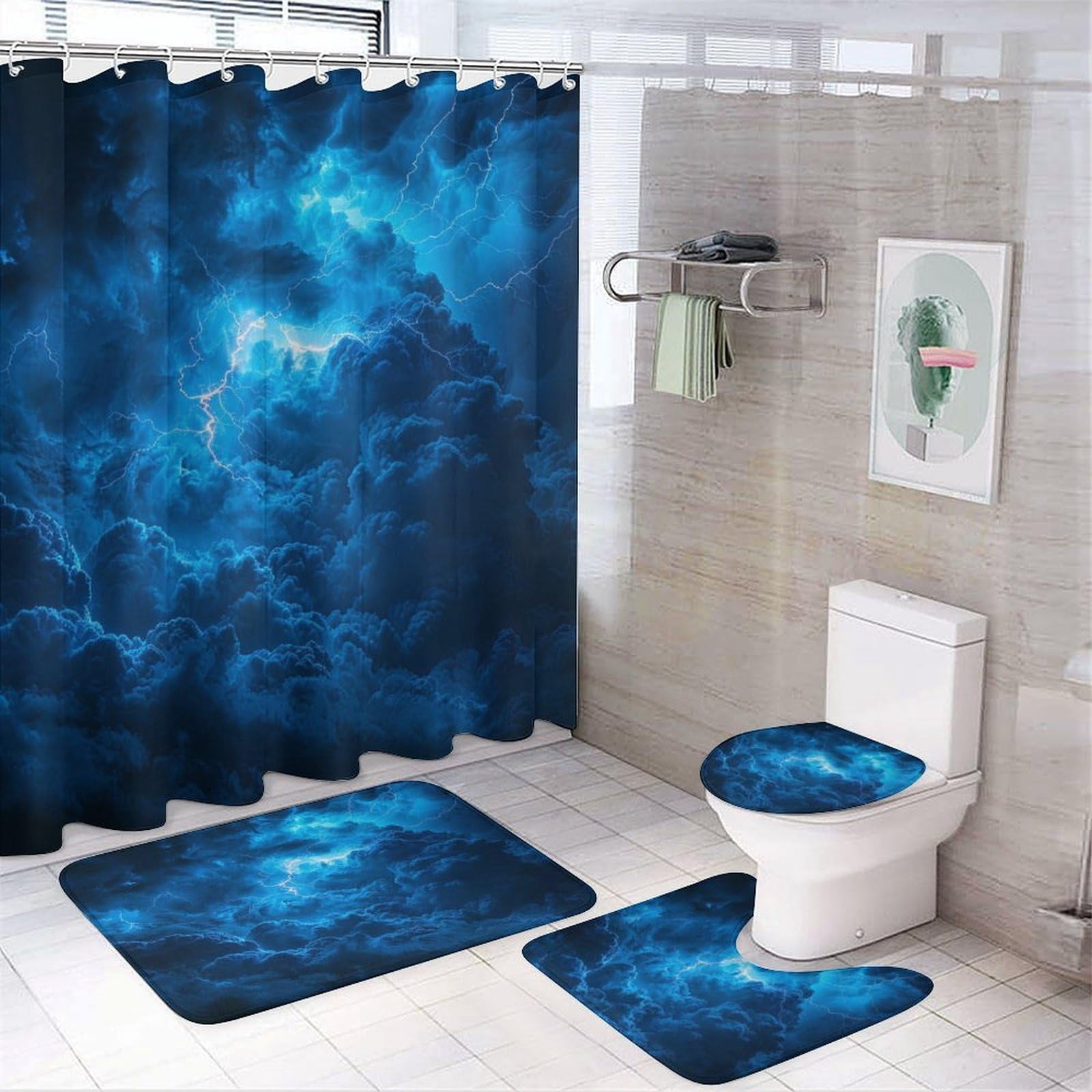 4Pcs Ocean Lightning Storm Shower Curtain, Abstract Cloud Natural ...