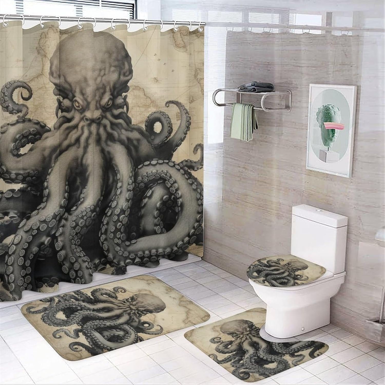4Pcs Old Octopus Shower Curtain Sets, Retro Nautical Map Ocean Animal ...