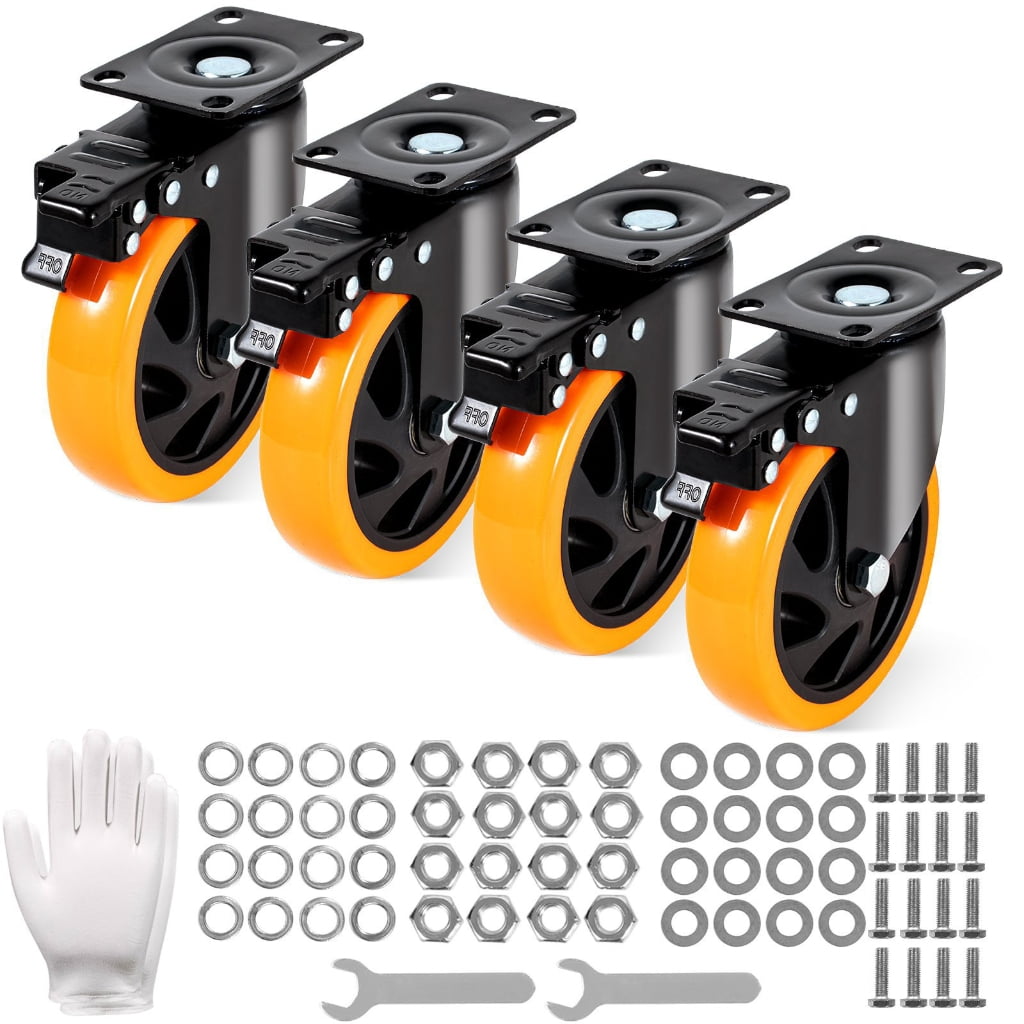 4Pcs PVC Quiet Wear Resistant Swivels Caster Wheels with Brakes PVC Casters with Locking Brake ...