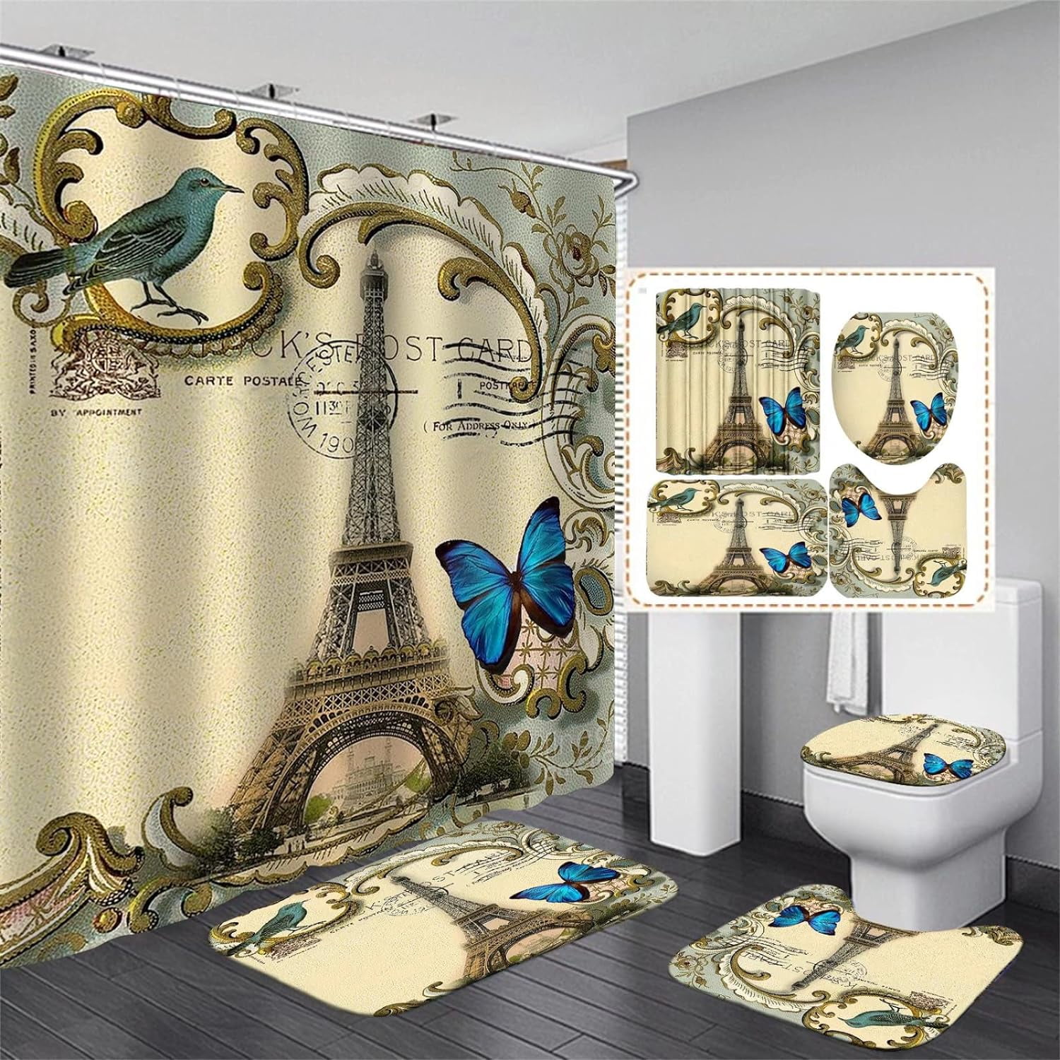 4Pcs Paris Eiffel Tower Pink Shower Curtain Sets Bathroom Set Decor with Non-Slip Rugs Bath U ...