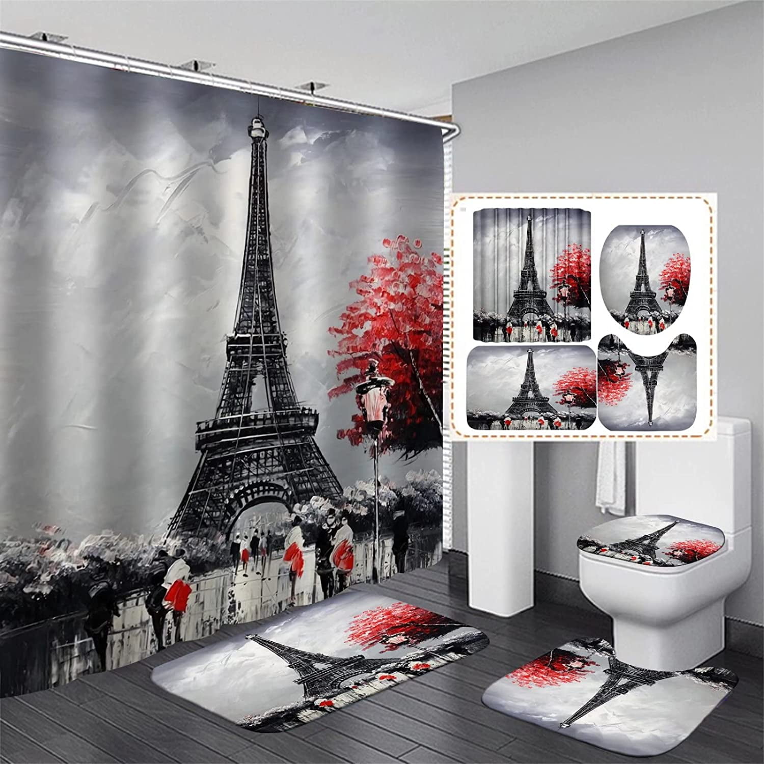 4Pcs Paris Eiffel Tower Pink Shower Curtain Sets with Non-Slip Rugs ...