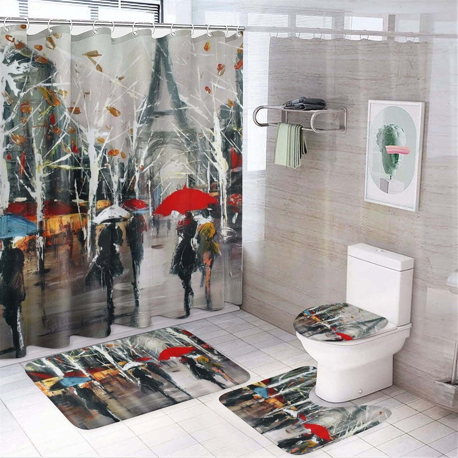 4Pcs Paris Eiffel Tower Shower Curtain Sets Red Lip Print Bathroom Set ...