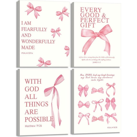 4Pcs Pink Bow Wall Art Christian Aesthetic Pictures Bible Verses Canvas ...
