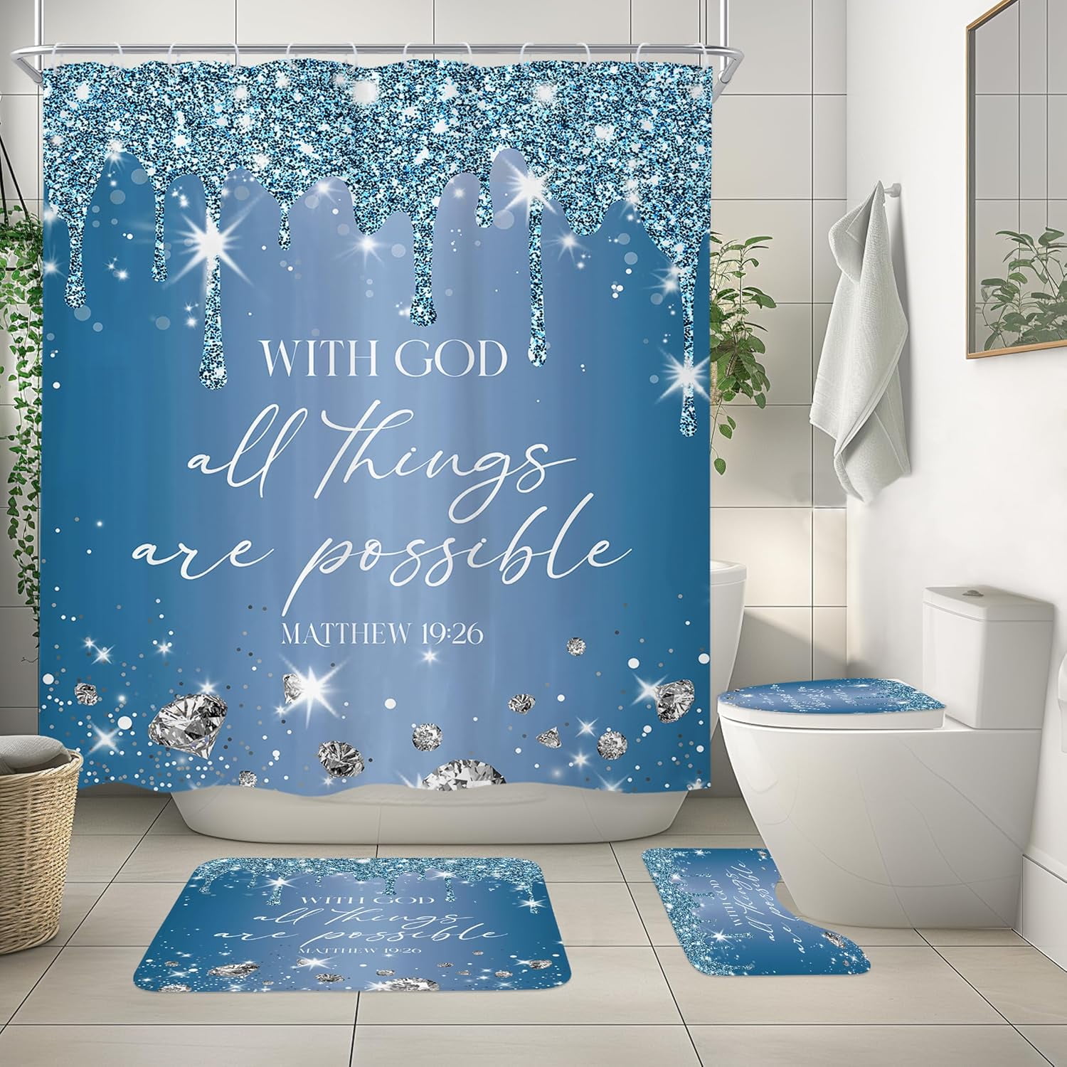 4Pcs Pink Diamonds Quotes Shower Curtain Sets with Non-Slip Rugs ...