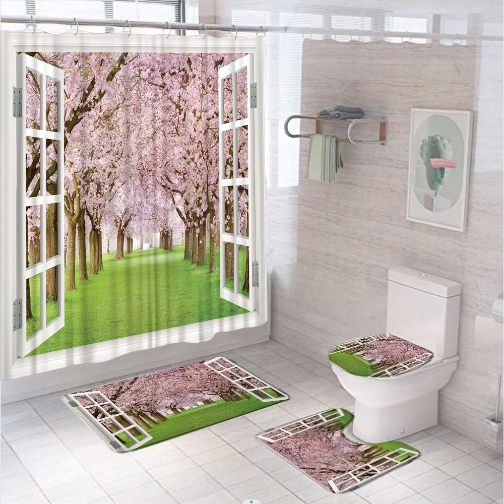 4Pcs Pink Flowers Tree Garden Scenery Shower Curtain Set White Wooden ...