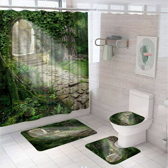 4Pcs Pink Flowers Tree Garden Scenery Shower Curtain Set White Wooden ...