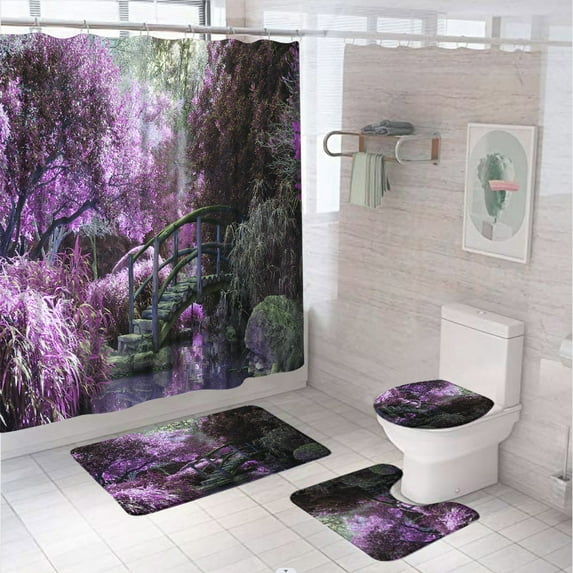 4Pcs Pink Flowers Tree Garden Scenery Shower Curtain Set White Wooden ...