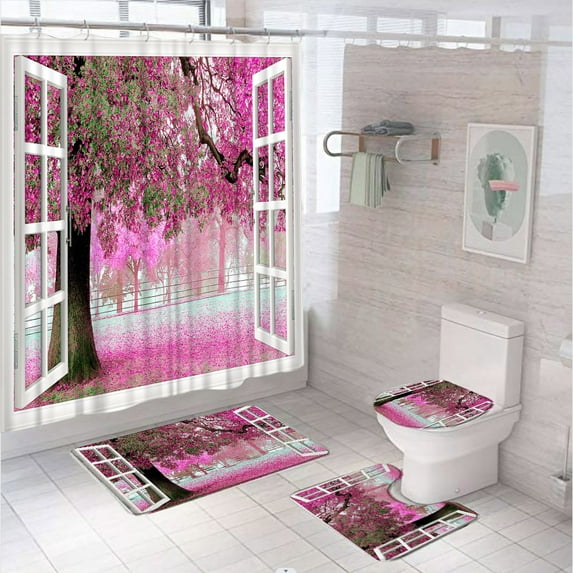 4Pcs Pink Flowers Tree Garden Scenery Shower Curtain Set White Wooden ...