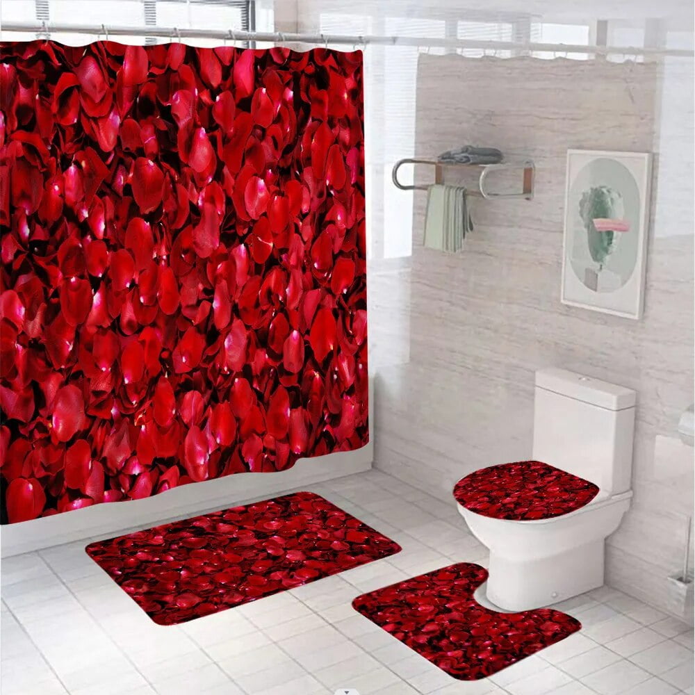 4pcs Pink Rose Fabric Shower Curtain Set With Non Slip Rug Toilet Cover