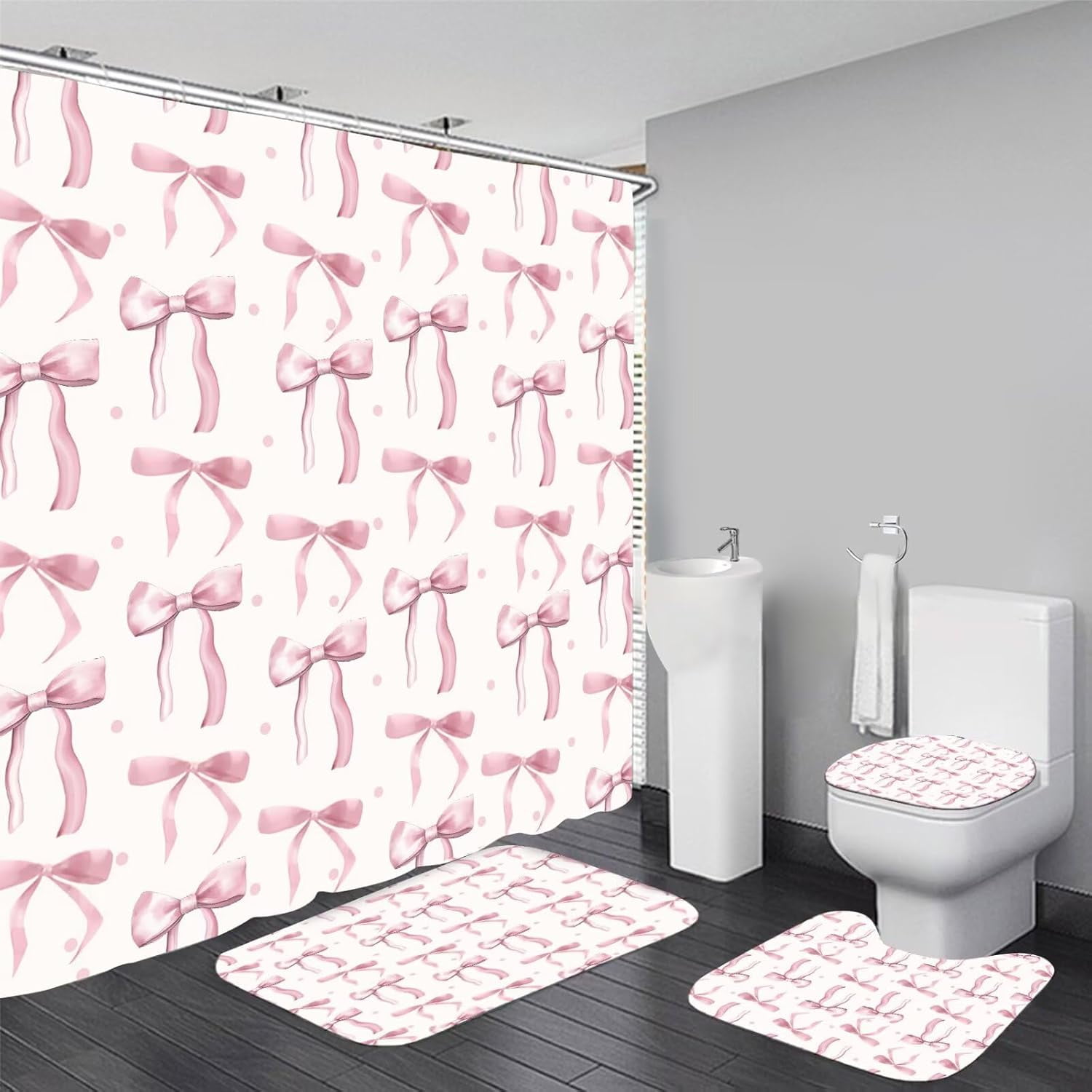 4Pcs Pink Shower Curtain Set Cute Bathroom Sets with Shower Curtain and ...