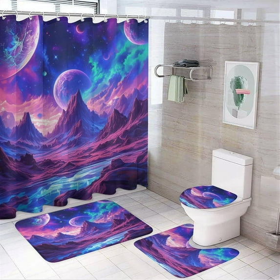 4Pcs Planet Mountain Landscape Shower Curtain Set with Toilet Lid Cover ...