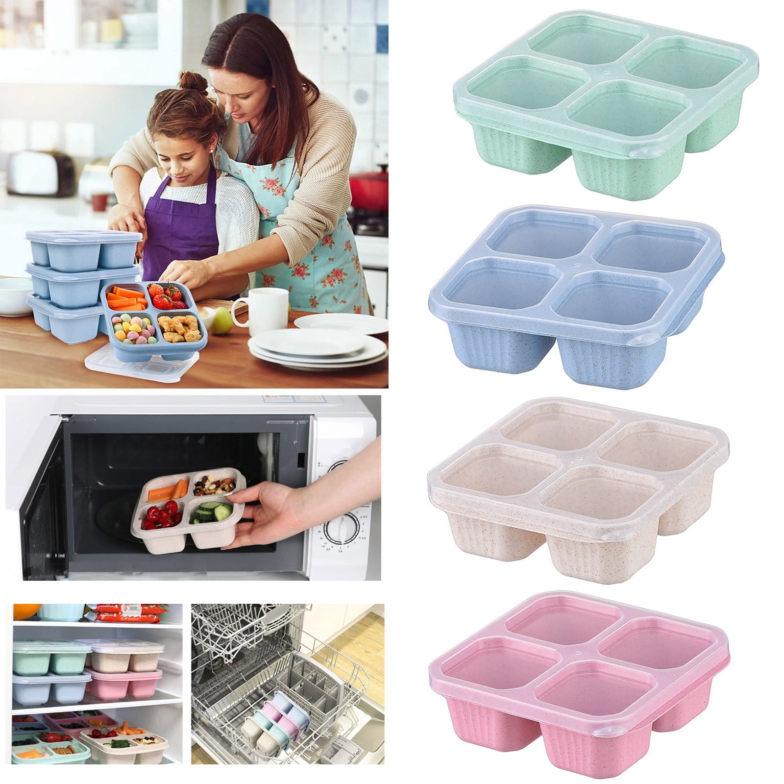 4Pcs Plastic 4 Compartments Reusable Bento Snackle Box Containers With ...