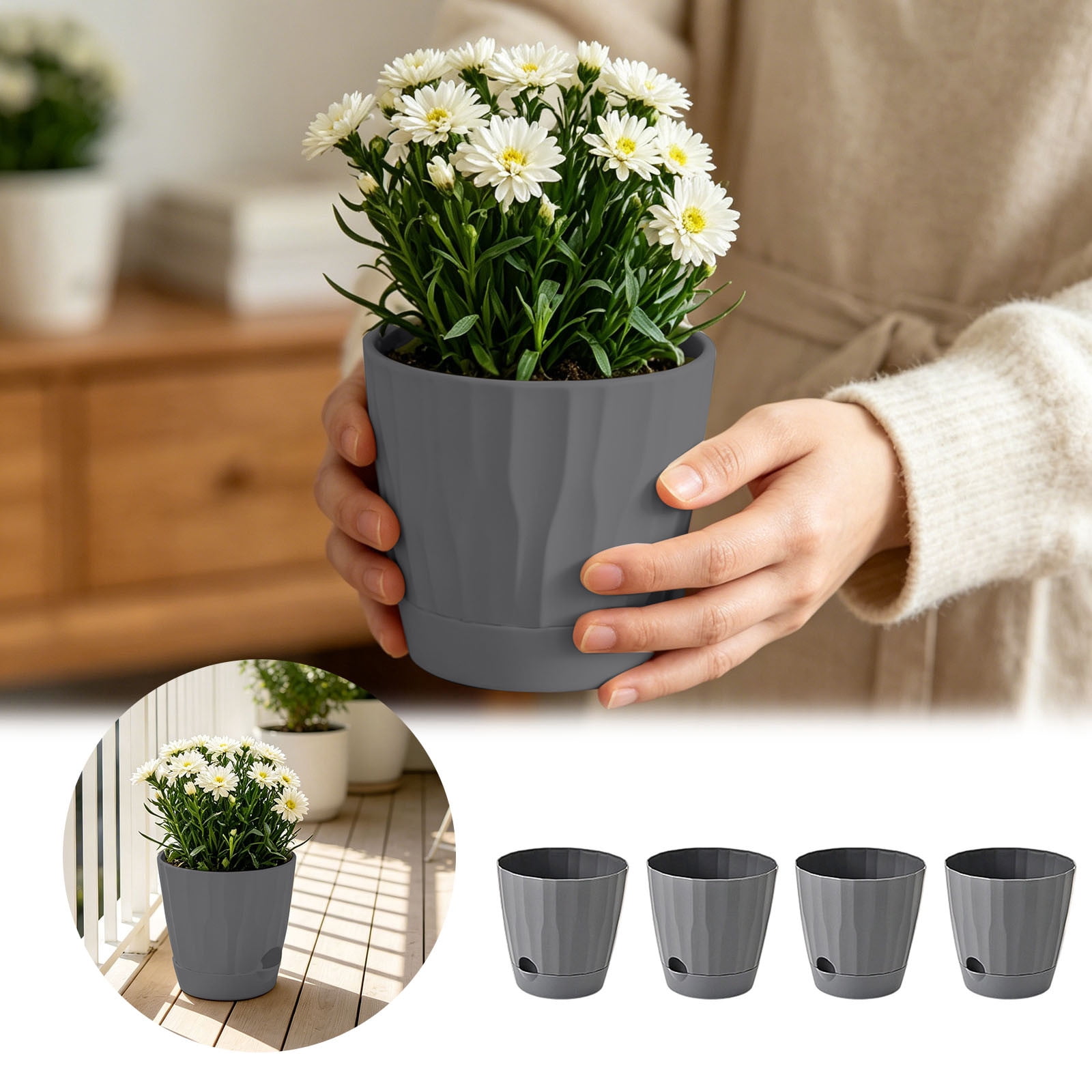 4Pcs Flower Pots â Lightweight Containers with Drainage Holes â Modern ...