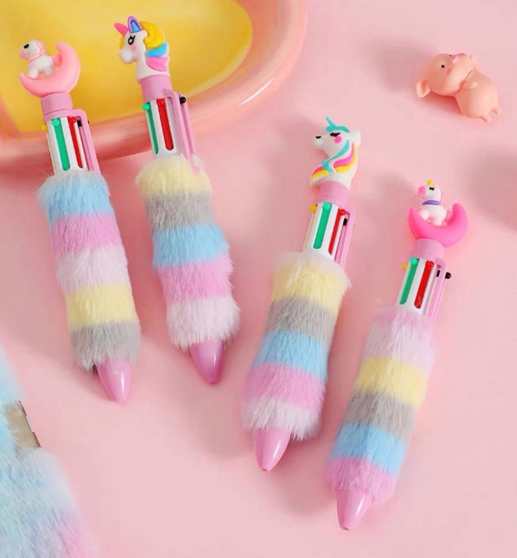 4Pcs Plush Unicorn Ballpoint Pens – Six-Color Ink, Soft Pink Design ...
