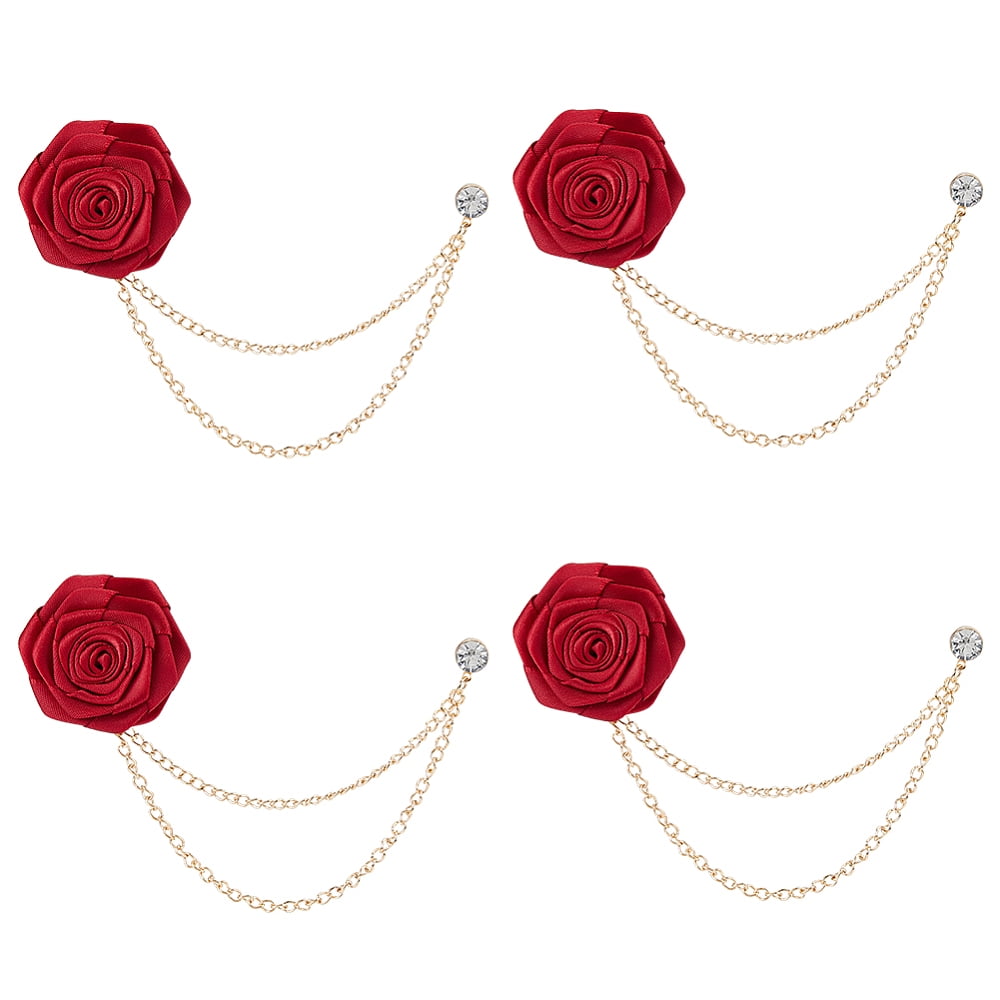 4Pcs Polyester Rose Flower Lapel Pin Backs Hanging Chain Brooch for ...