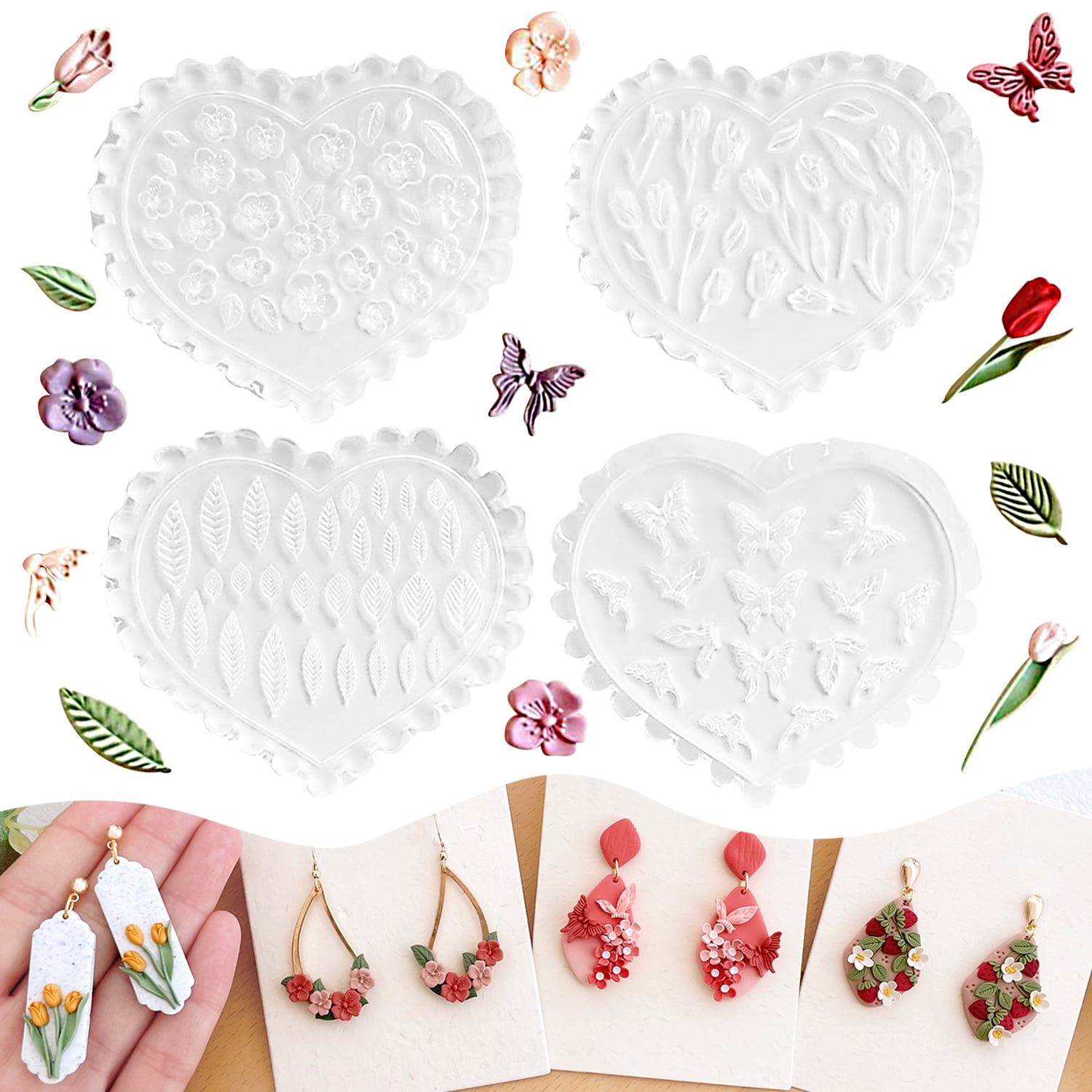 4Pcs Polymer Clay Silicone Molds, Mini Flowers, Leaves, Butterflies ...
