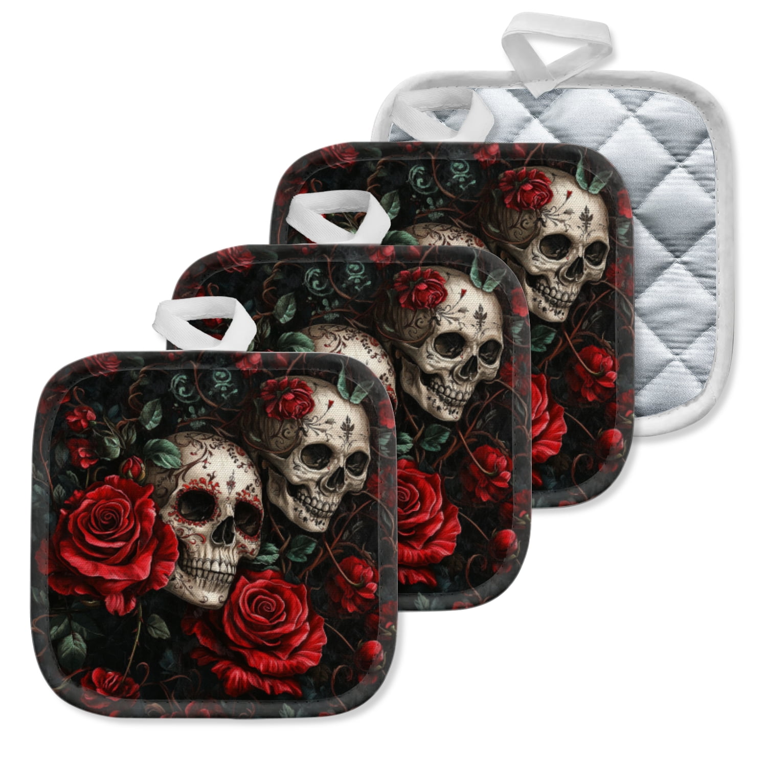 4Pcs Pot Holder for Kitchen, Elegant Skulls Amidst Red Roses ...