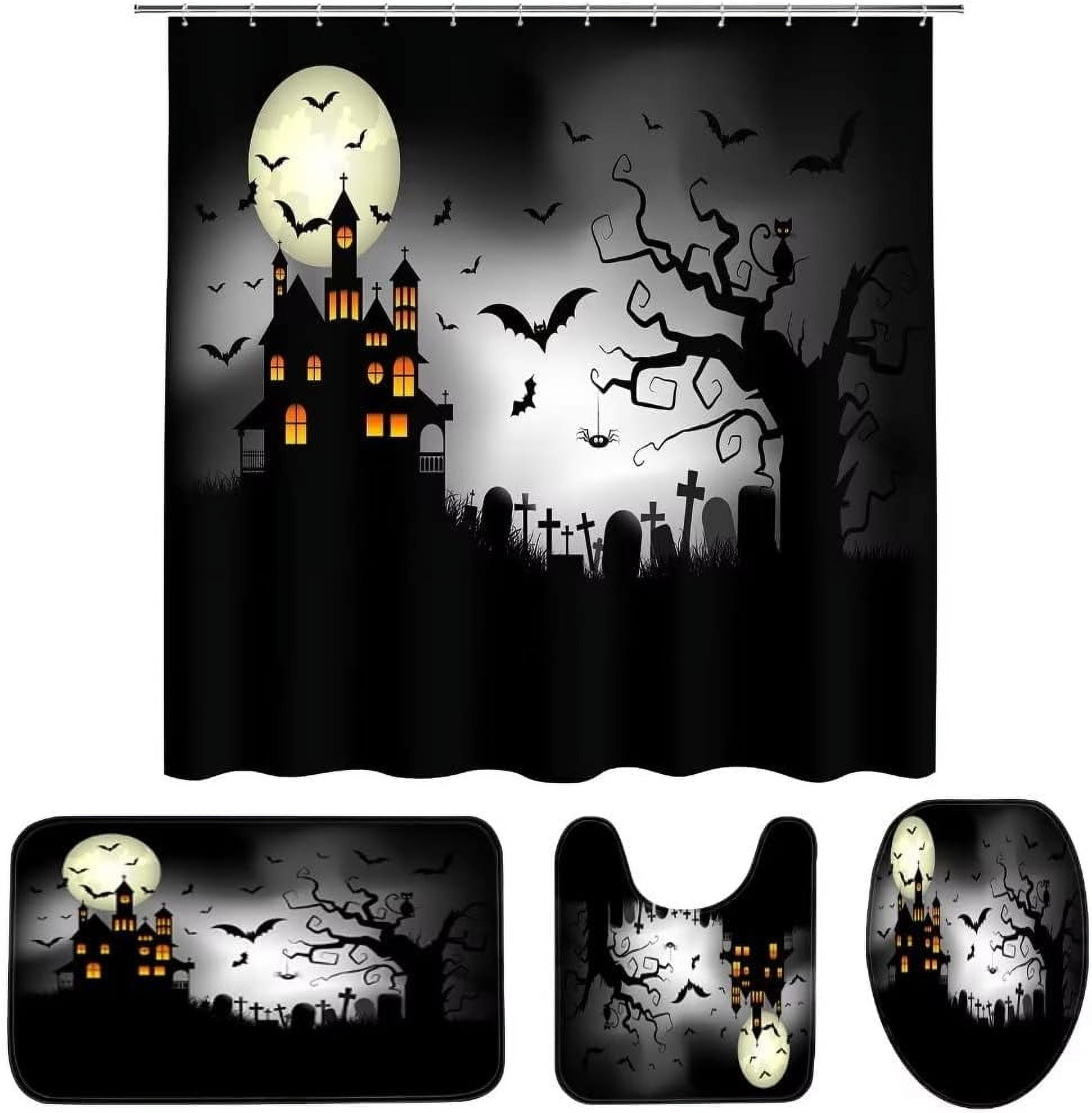 4Pcs Pumpkin Shower Curtain Sets with Non-Slip Rugs, Toilet Lid Cover and Bath Mat, Haunted ...