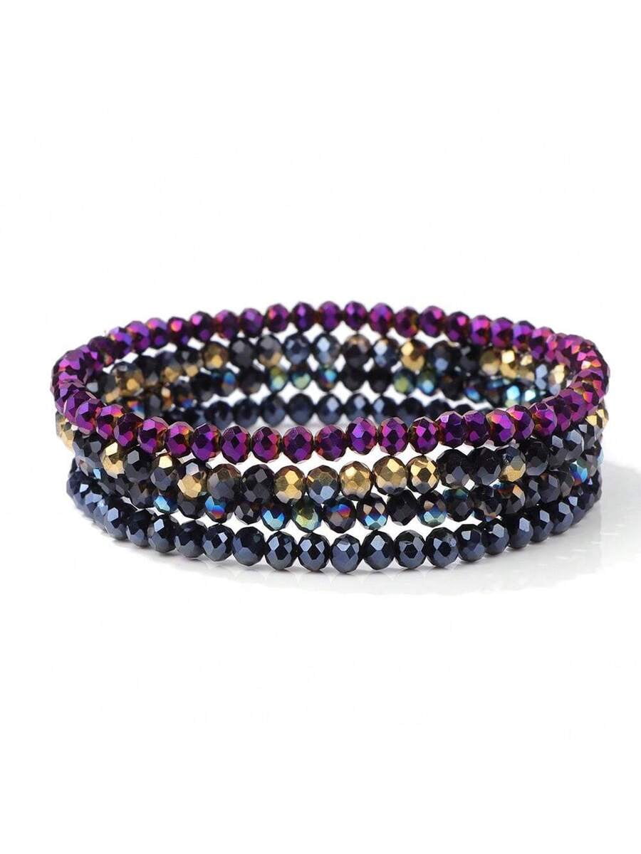 4Pcs Purple And Iridescent Faceted Beaded Stretch Bracelet Set For ...