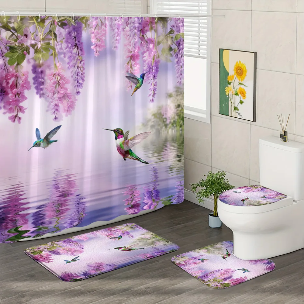 4Pcs Purple Trailing Vine Floral Shower Curtain Rug Set Lavender ...