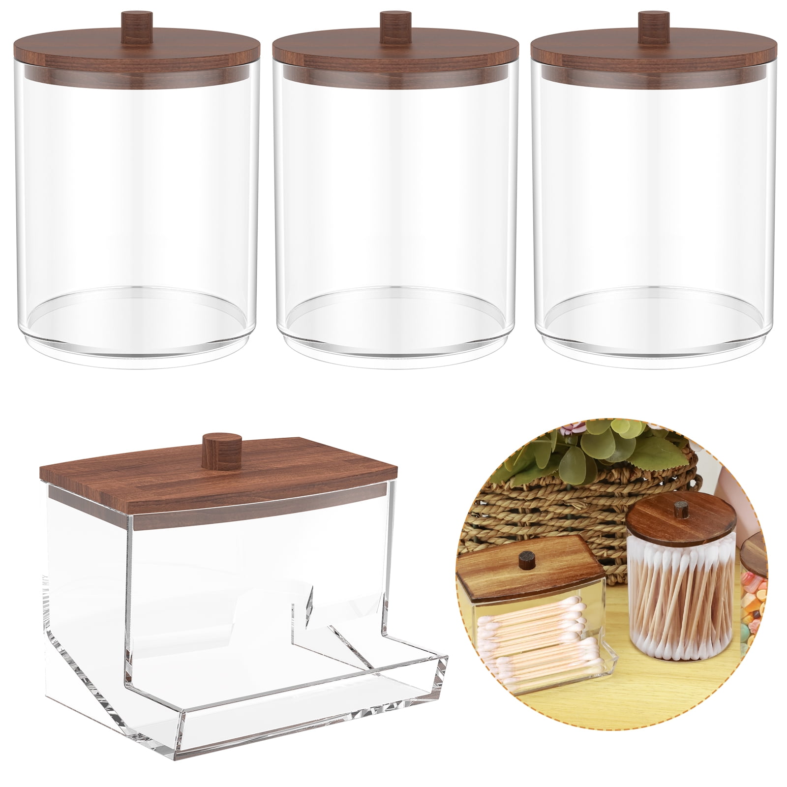4Pcs Qtip Dispenser Clear Plastic Cotton Swab Holder with Bamboo Cover ...