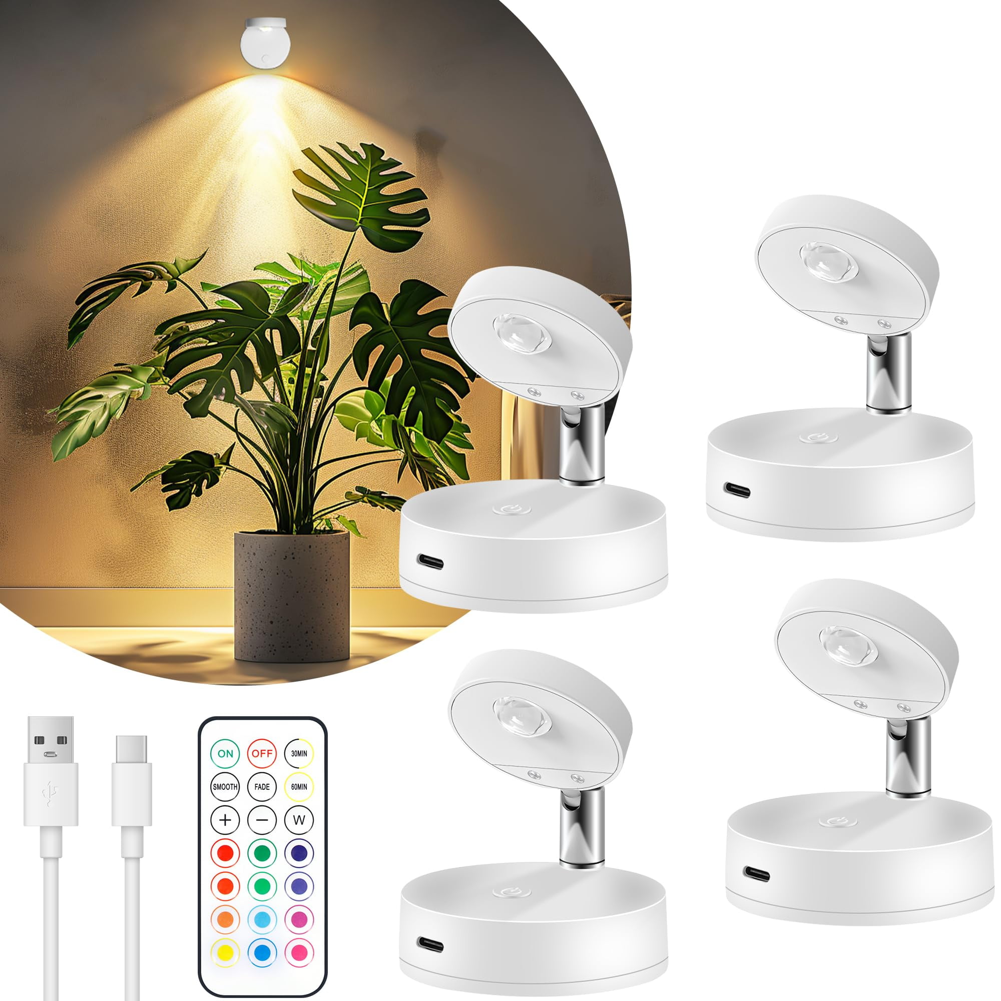 4Pcs Rechargeable LED Spotlight For Indoor, Wireless RGB Battery ...