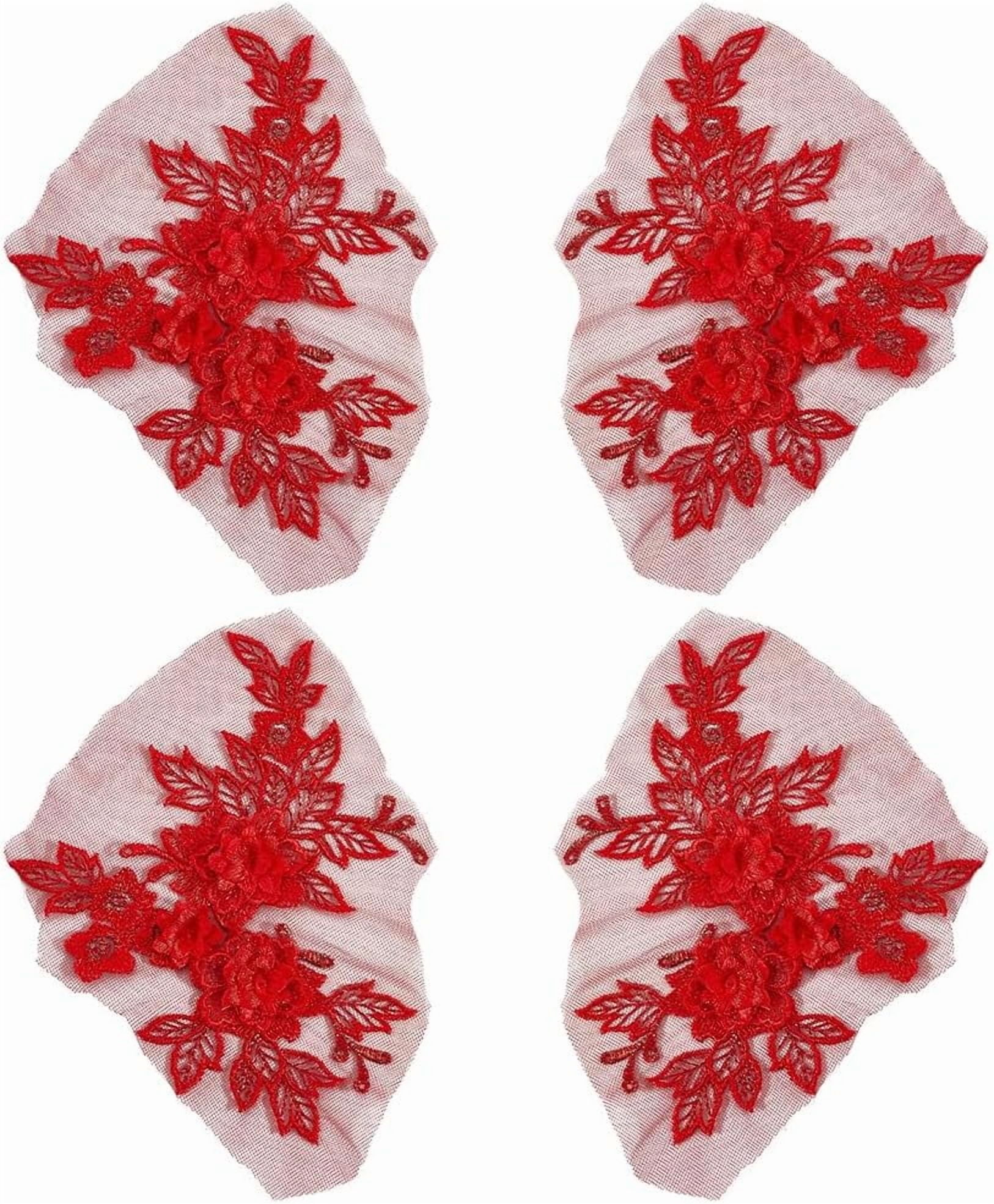 4Pcs Red Flower Applique 3D Floral Embroidery Vintage Appliques ...
