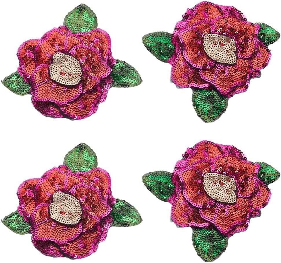 4Pcs Red Flower Sequins Patch Sequins Flower with Leaf Sew on Appliques ...