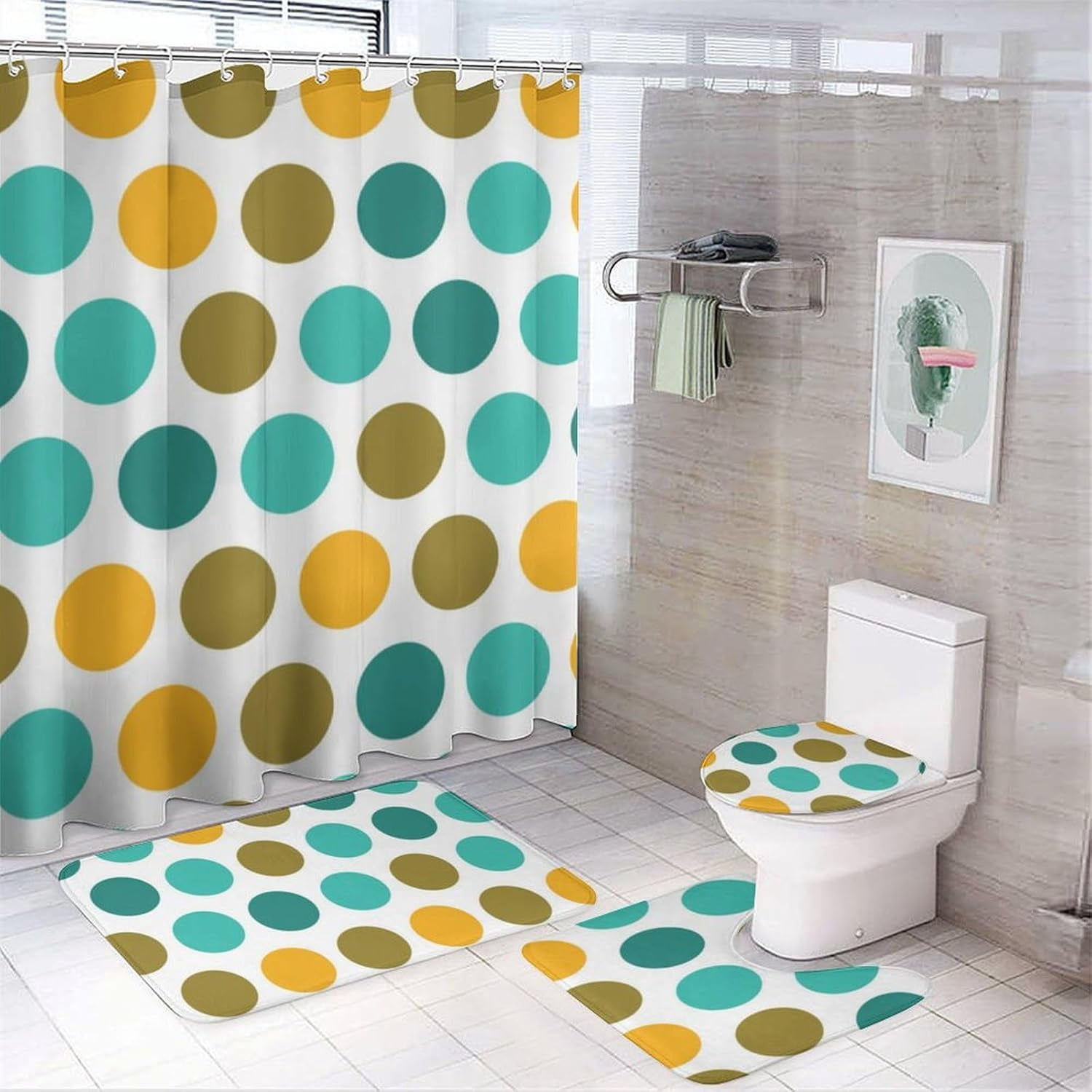 4Pcs Red Polka Dots Shower Curtain Sets, Bathroom Set Decor with Non ...