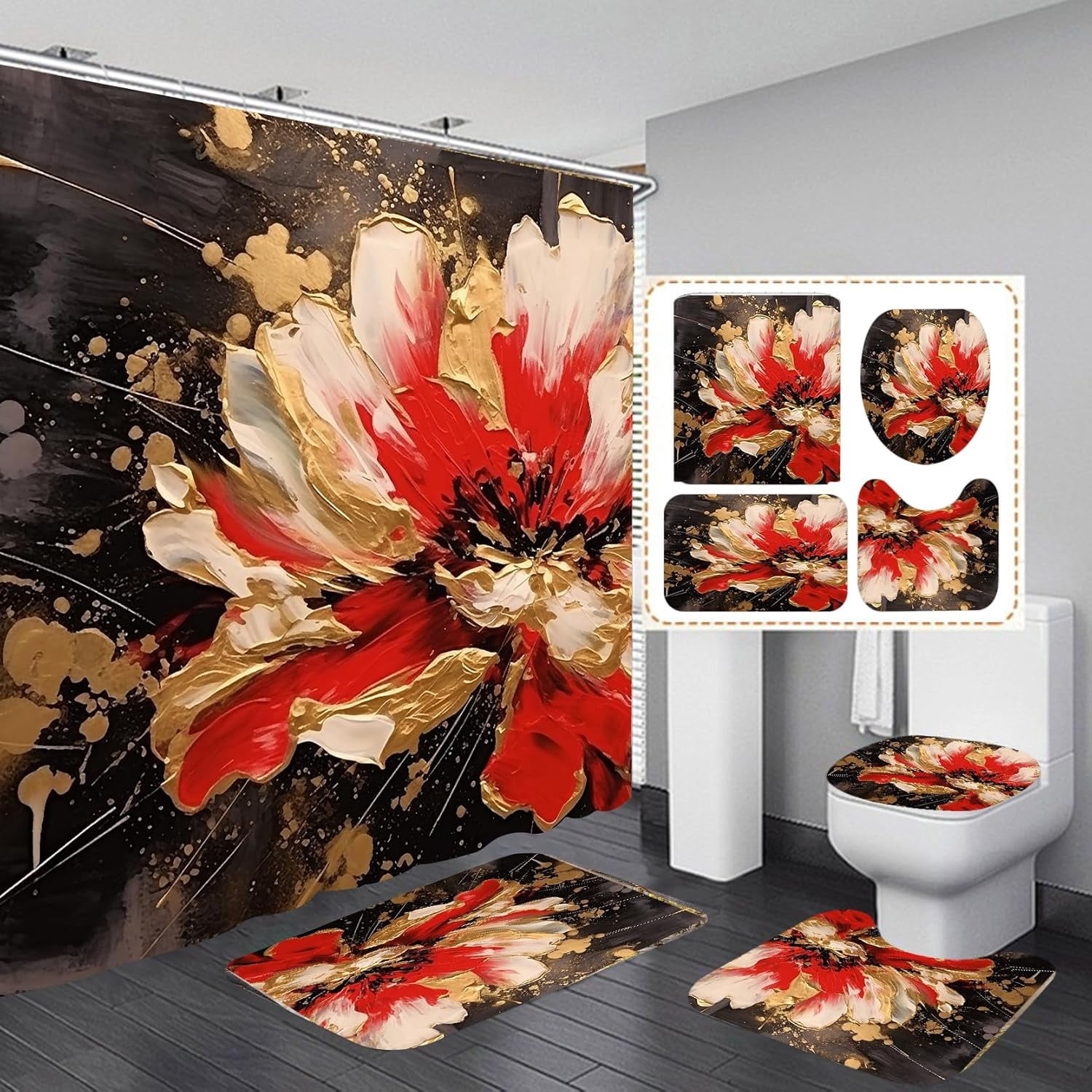 4Pcs Red Rose Shower Curtain Set, Modern Abstract Wall Art Textures ...