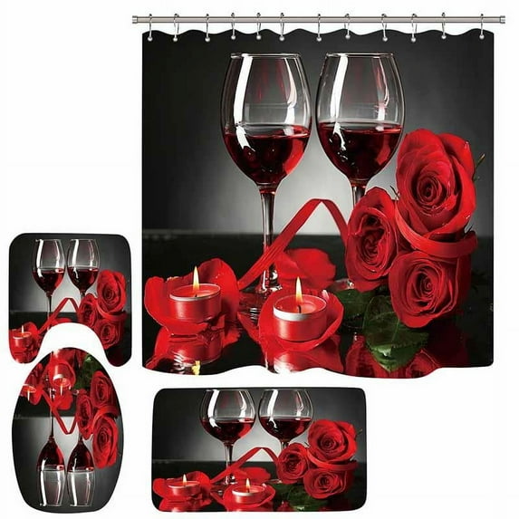 4Pcs Red Wine Glass Waterproof Shower Cutain with Hooks Bathroom Set ...