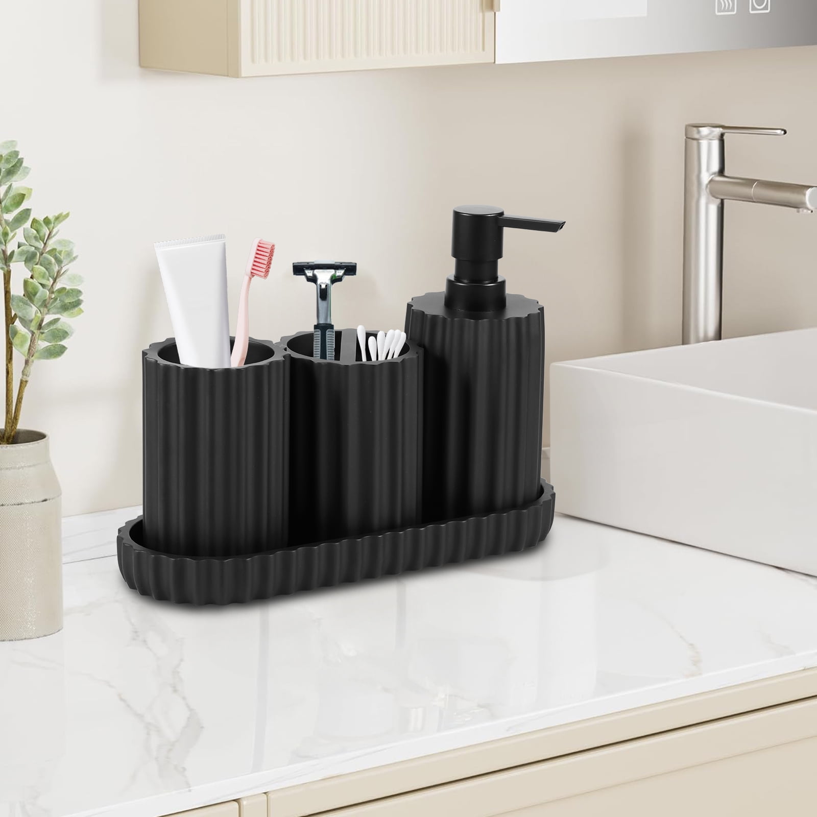 4Pcs Resin Bathroom Accessories Set With Textured Strip Surface ...