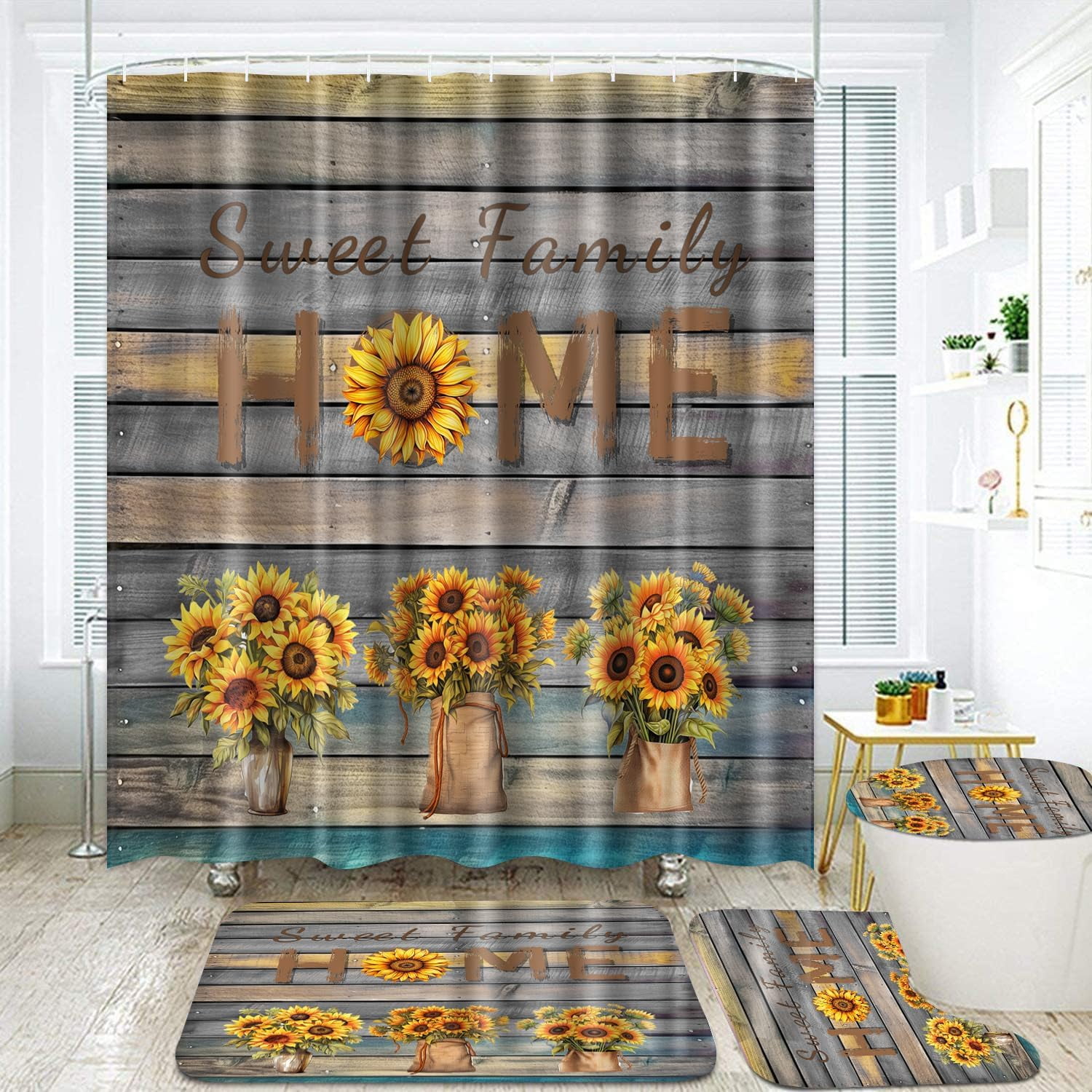 4Pcs Romantic Shower Curtain Sets for Bathroom, Red Truck with Ballon ...