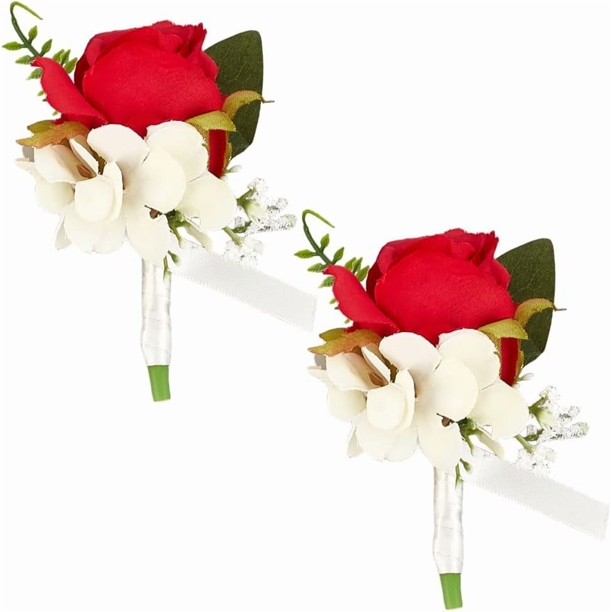 4Pcs Rose Corsage Red Silk Cloth Imitation Flower with Green Leaf Silk ...
