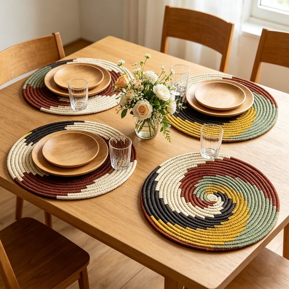 4Pcs Round Boho Linen Placemats Woven Macrame Table Mats Heat ...