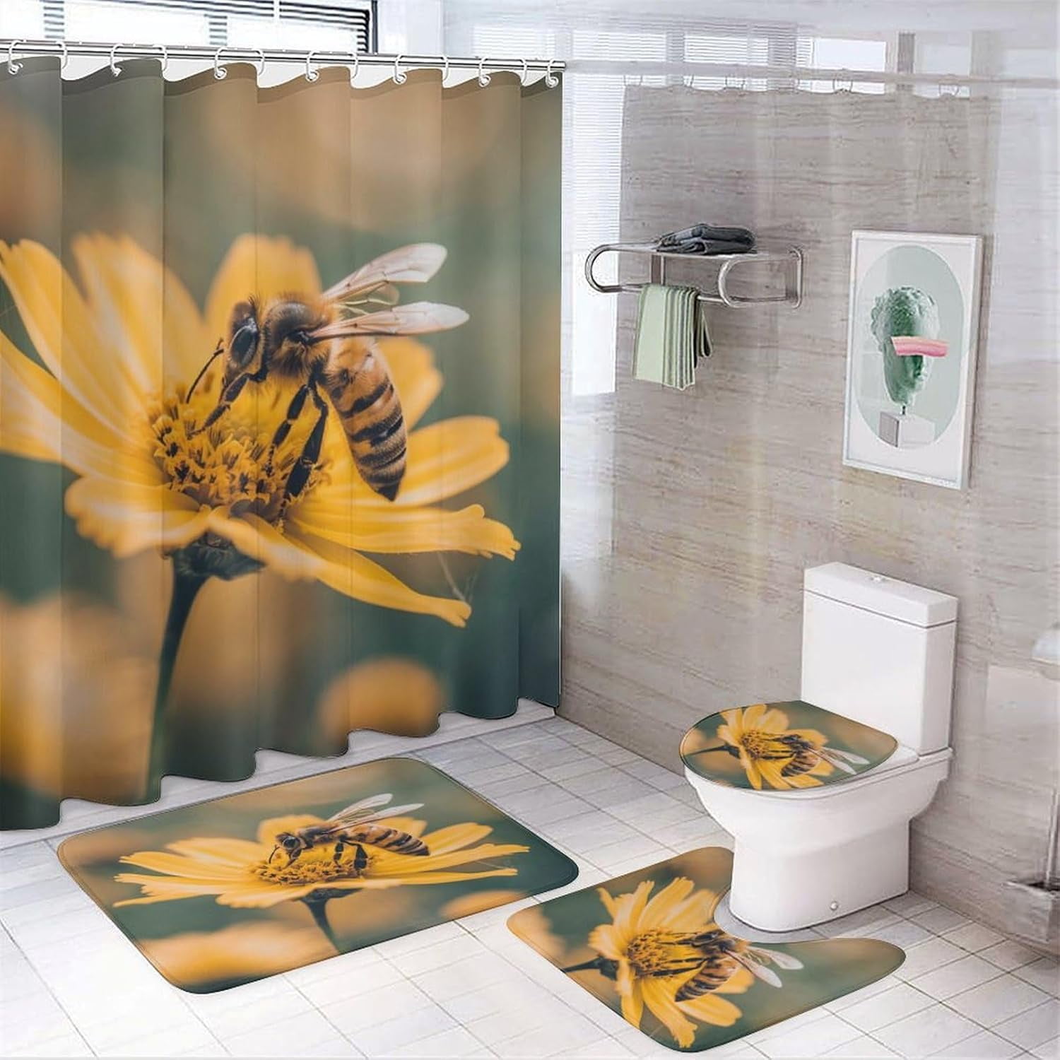 4Pcs Rustic Bee Daisy Shower Curtain Set with Toilet Lid Cover U-Shaped ...