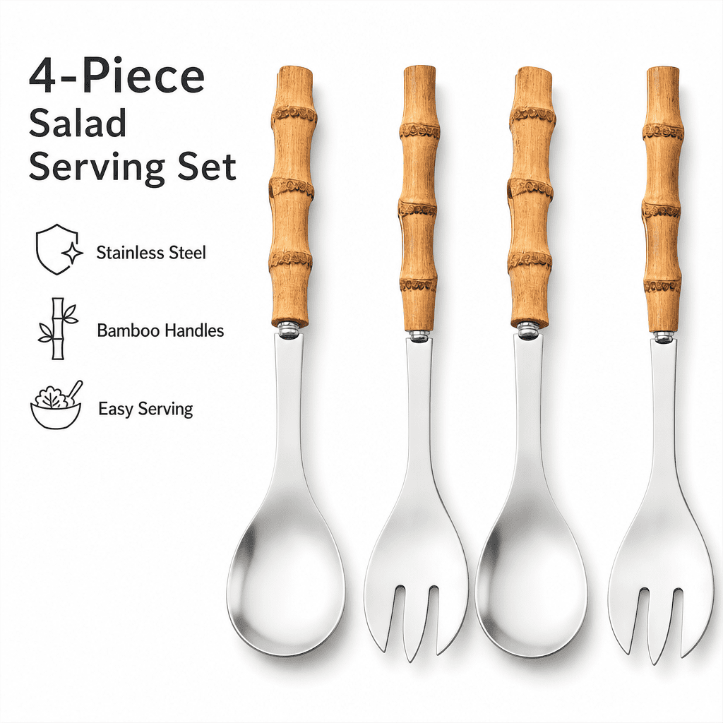 4Pcs Salad Serving Set, Stainless Steel Spoons and Forks with Natural ...